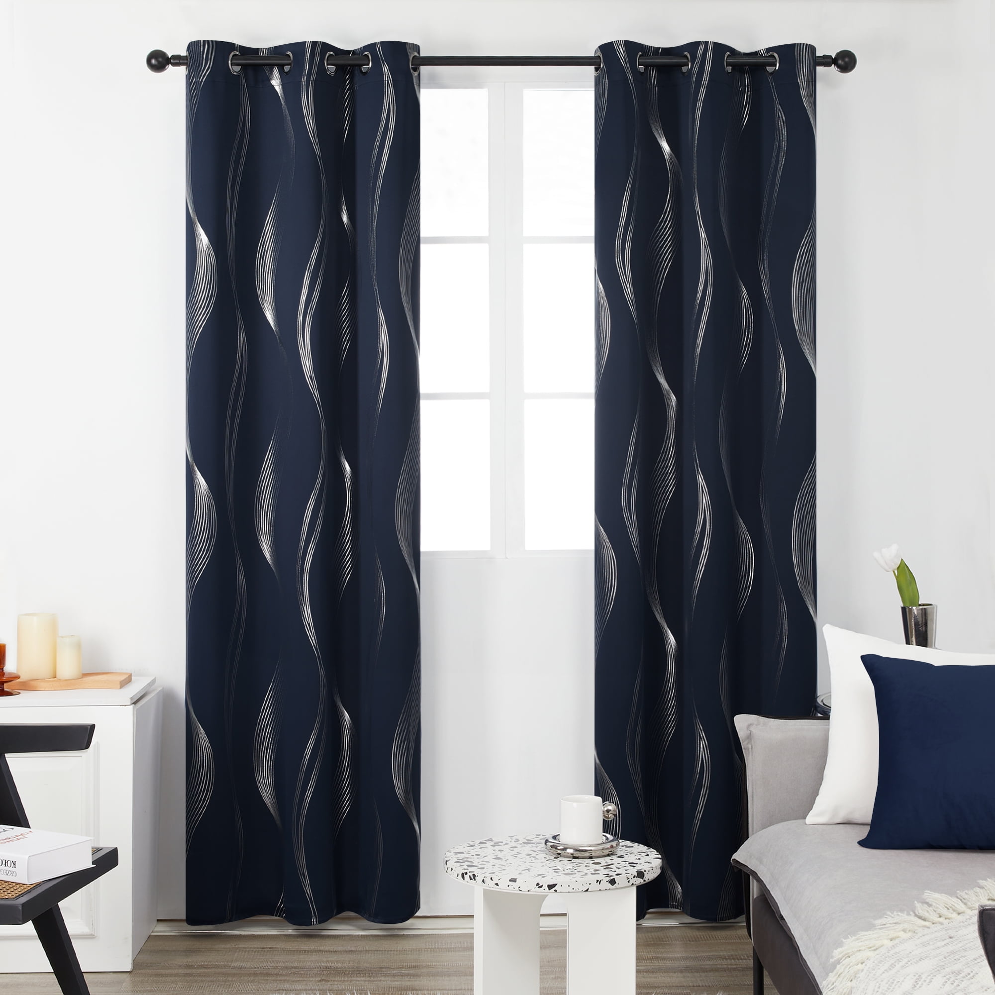 Deconovo Silver Wave Foil Printed Blackout Curtains, Thermal Insulated ...