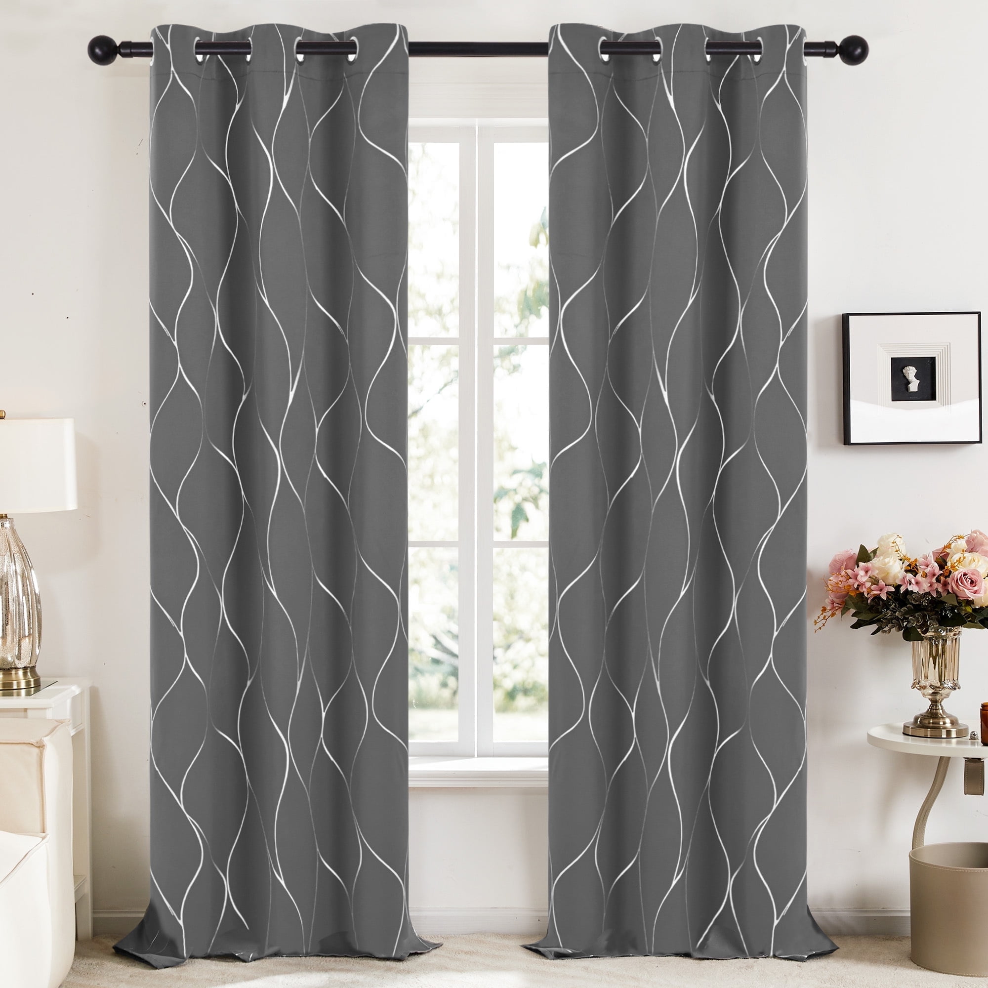 Deconovo Silver Wave Foil Print Blackout Curtains, Noise Reducing, 42Wx ...
