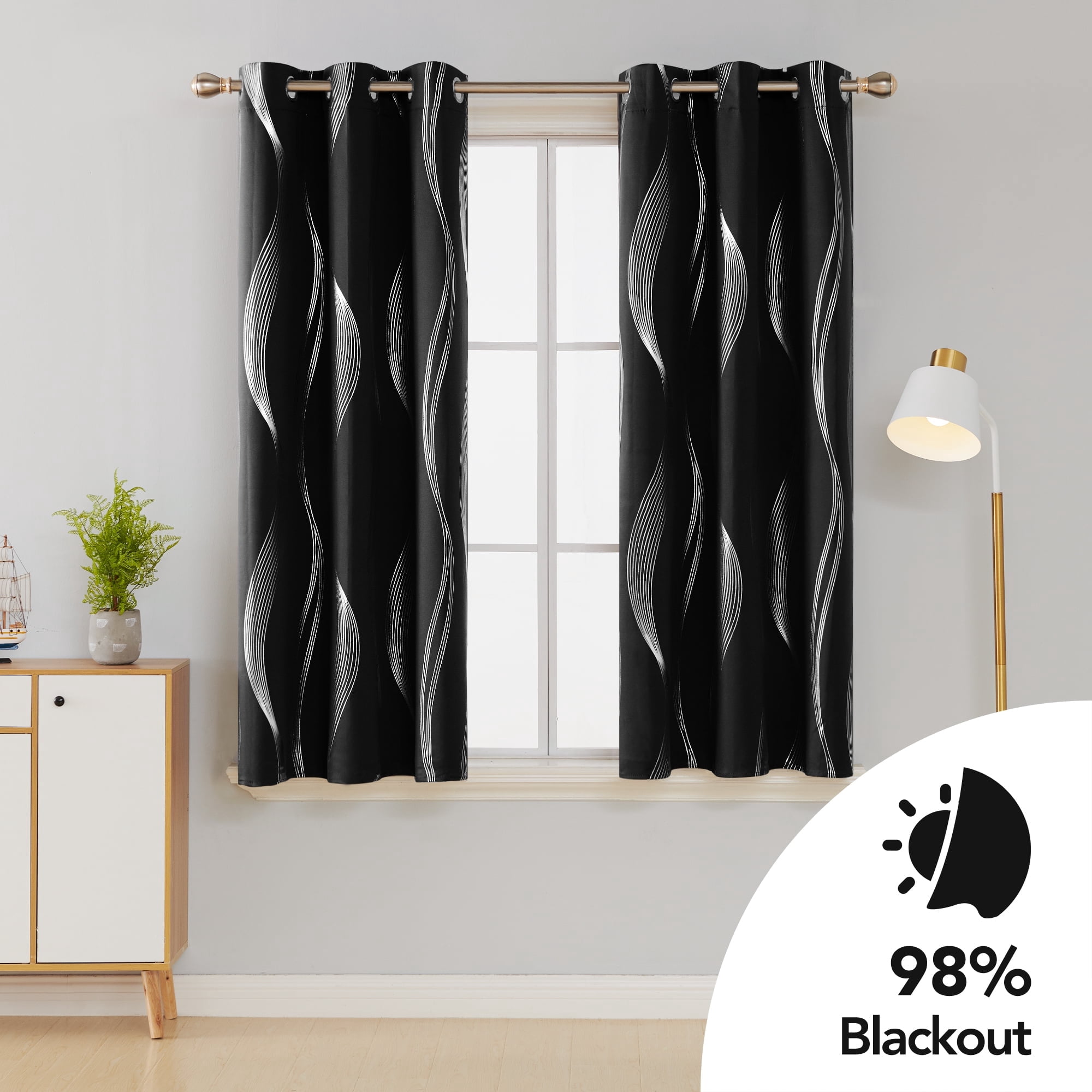 Deconovo Silver Wave Line Foil Printed Blackout Curtains Grommet Panels ...