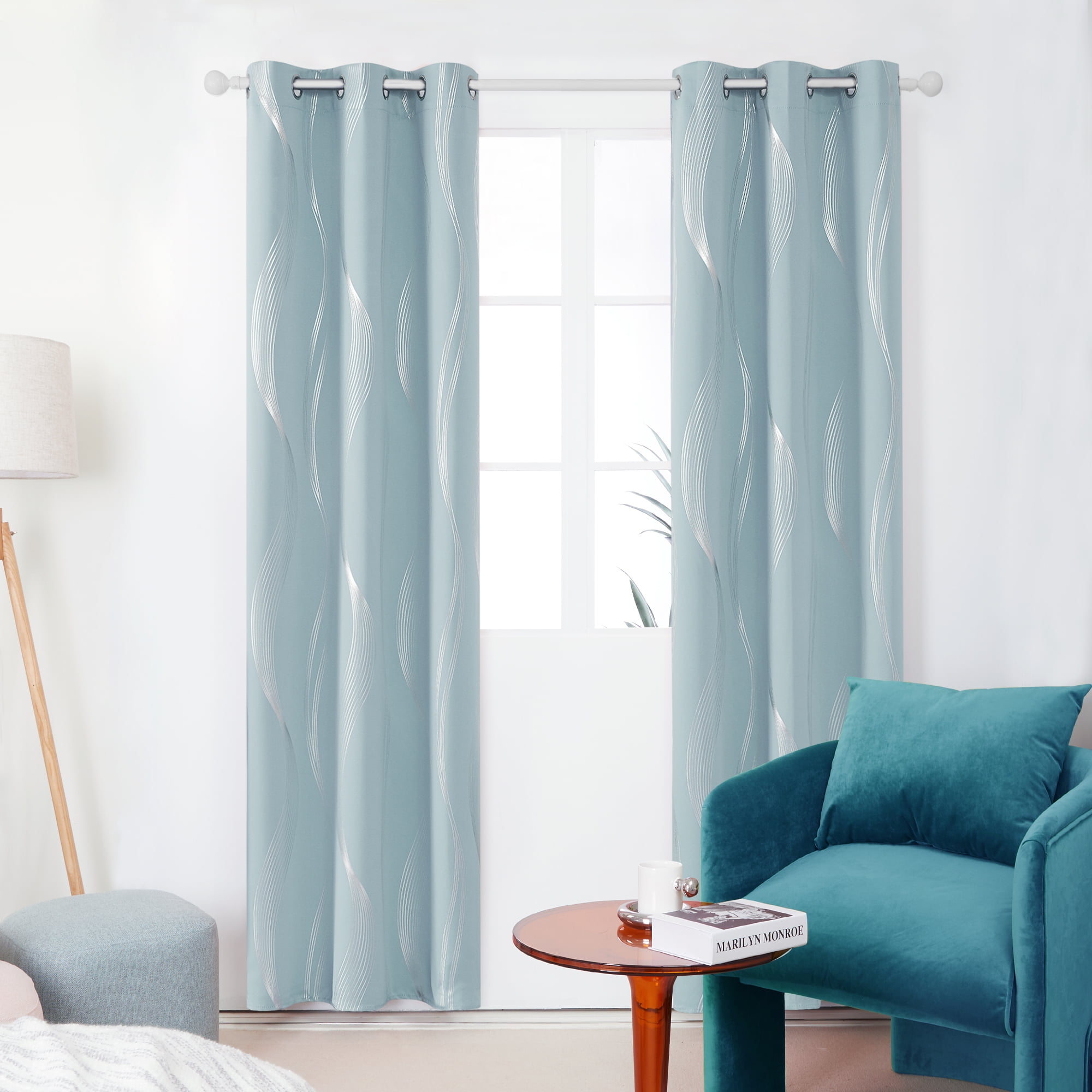 Deconovo Sky Blue Room Darkening Curtains with Silver Wave Printing ...
