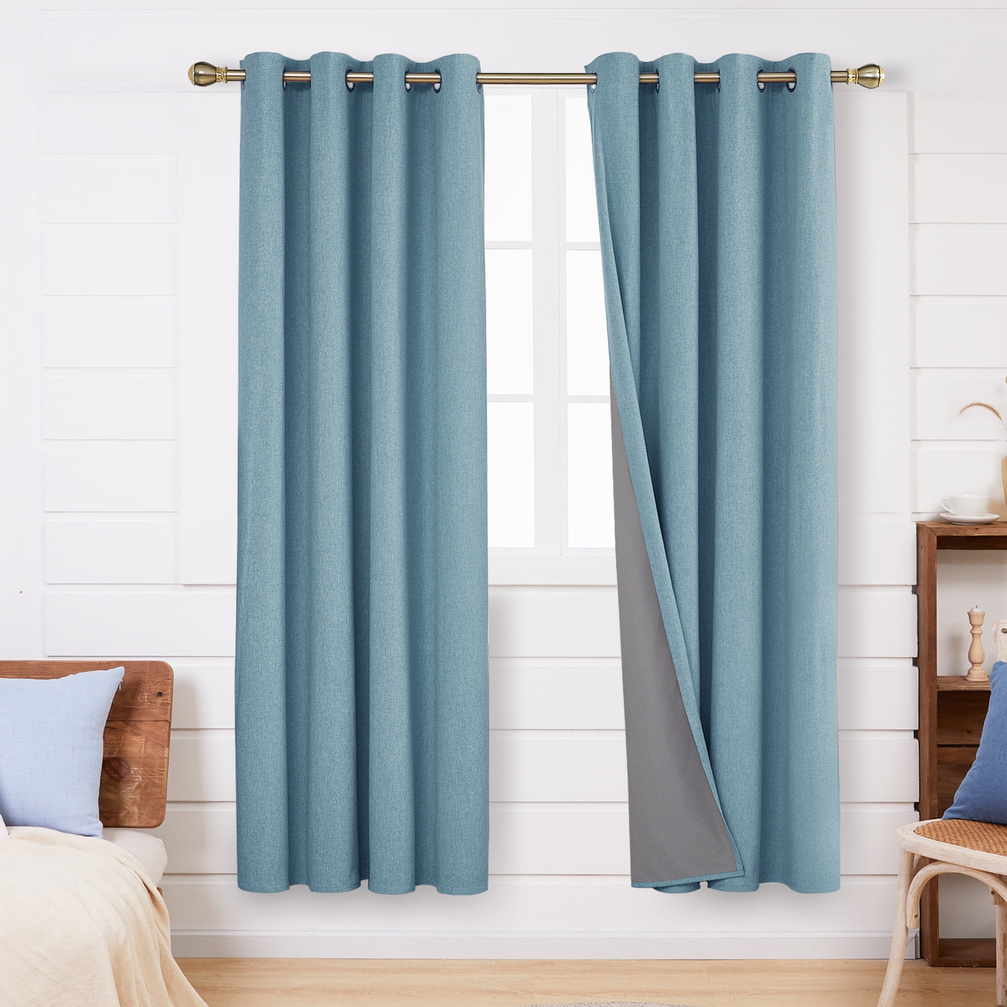 Deconovo Teal Curtains 72 inch Long 2 Pcs, 100% Blackout Curtains Linen ...