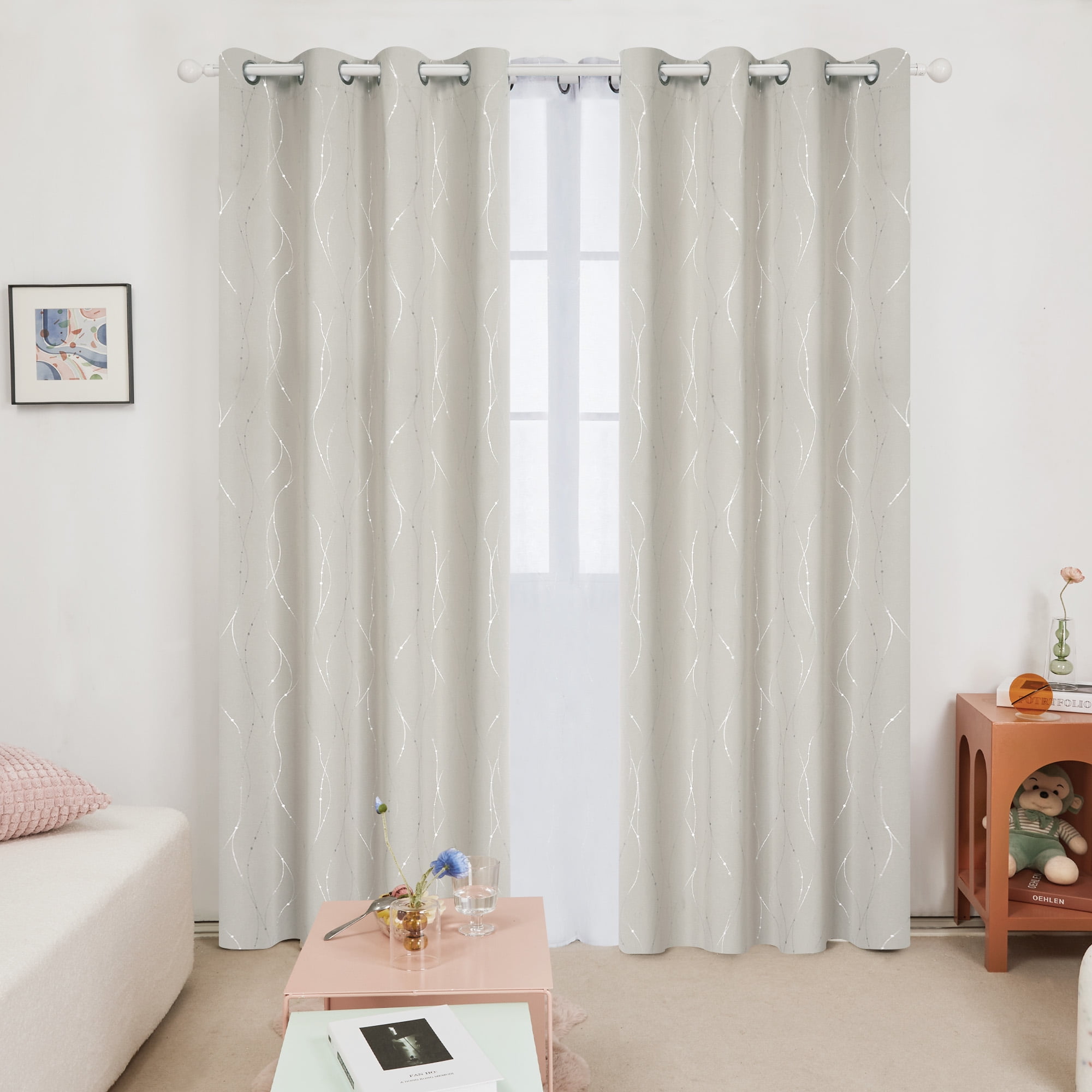 "Deconovo Grommet Room Darkening Curtains, Wave Line Foil Printed ...