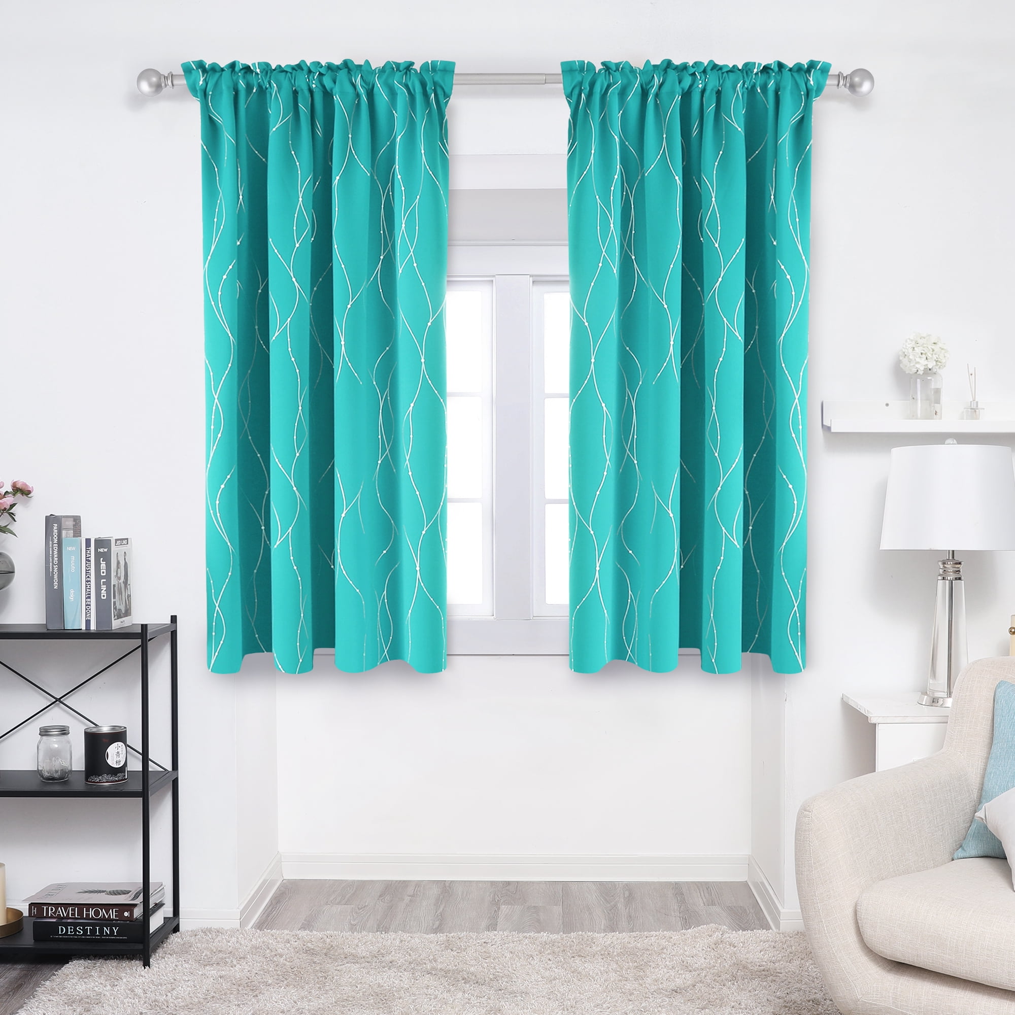 Deconovo Turquoise Blackout Curtains Wave Line Foil Printed Window ...