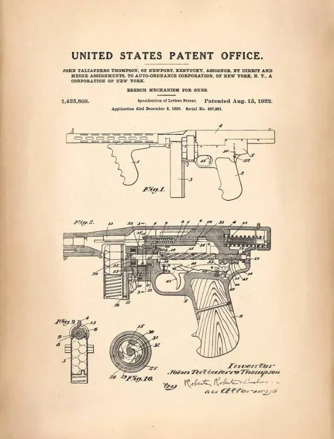 Decor POSTER vintage Patent.Thompson Machine gun.Room Home Art Design ...