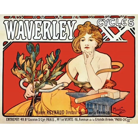 Decor Poster.Interior design Art Nouveau.Mucha Waverley bicycle. 16 x ...