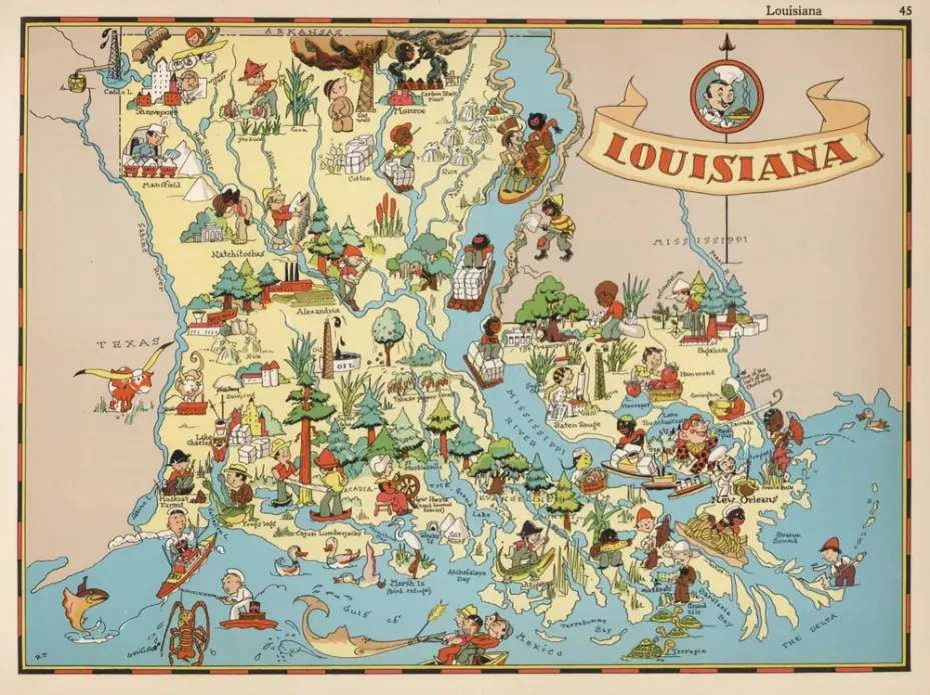 .Decor Poster.Vintage Interior wall art design. Lousiana cartoon map 16 ...