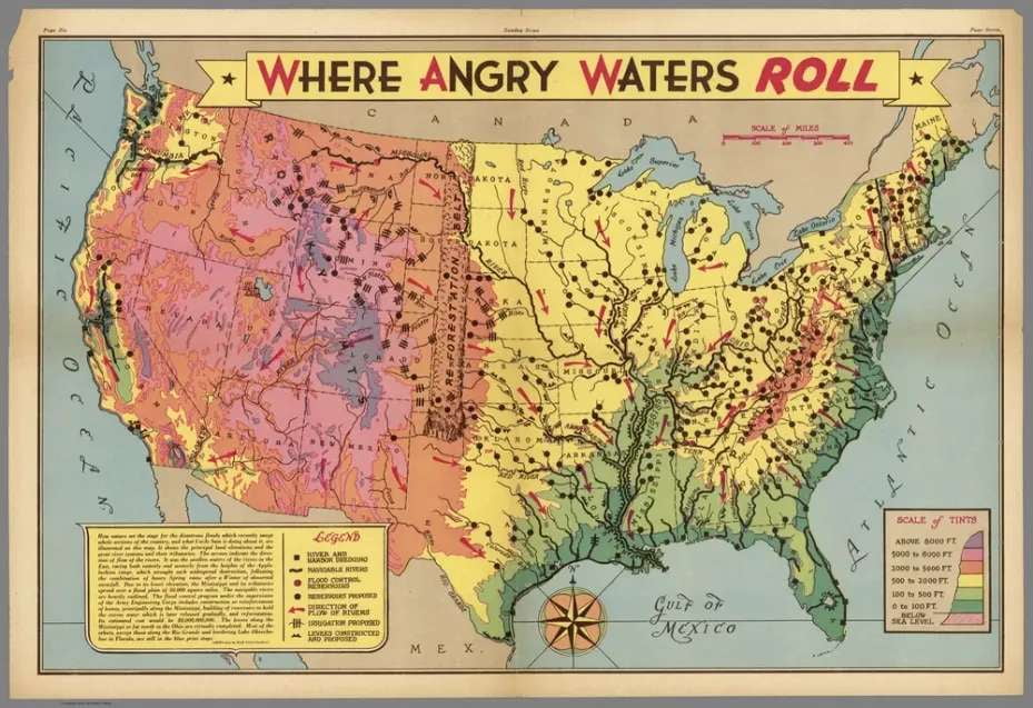 .Decor Poster.Vintage Interior wall design. American rivers falls map ...