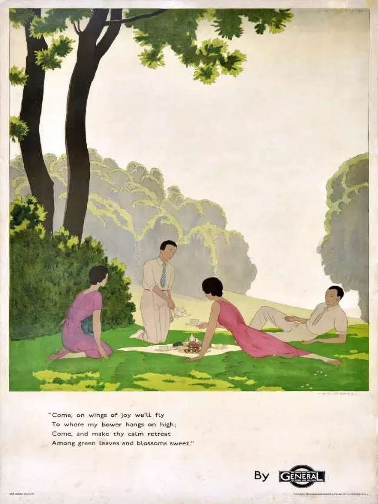 .Decor Poster print.Room interior.Wall art.Two couple picnic.retro poem ...
