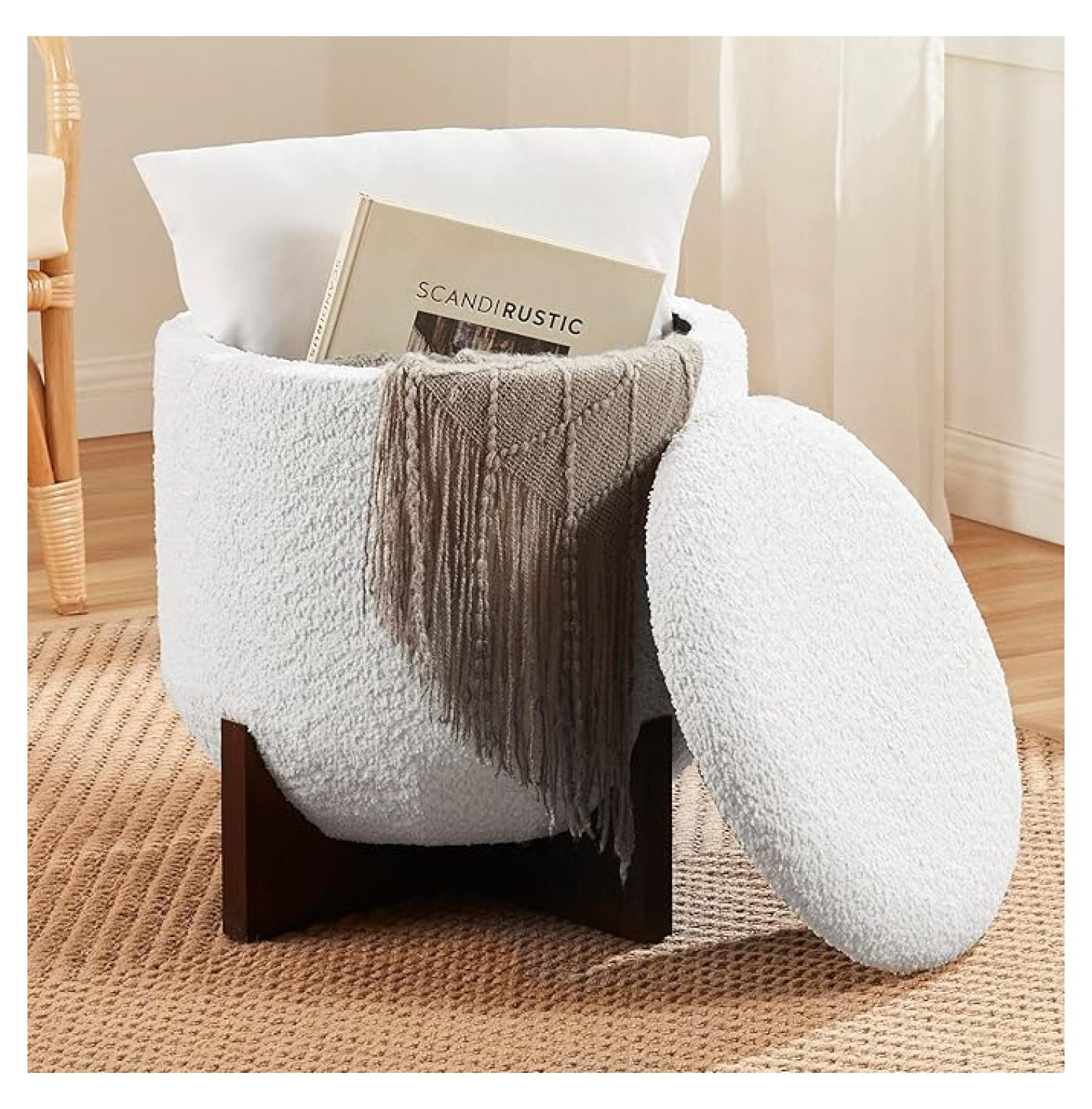 Decor Round Ottoman with Storage, Boucle White Teddy Round Vanity Chair ...