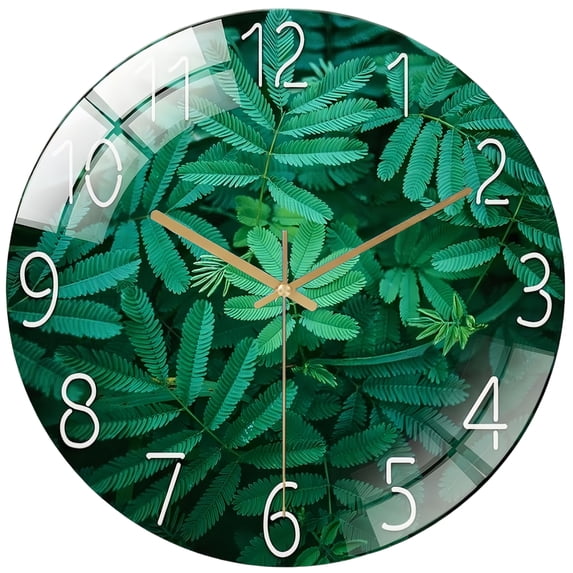 Decor Wall Clock:Green Leaf Stlye Round Glass Wall Clock, Silent Non ...