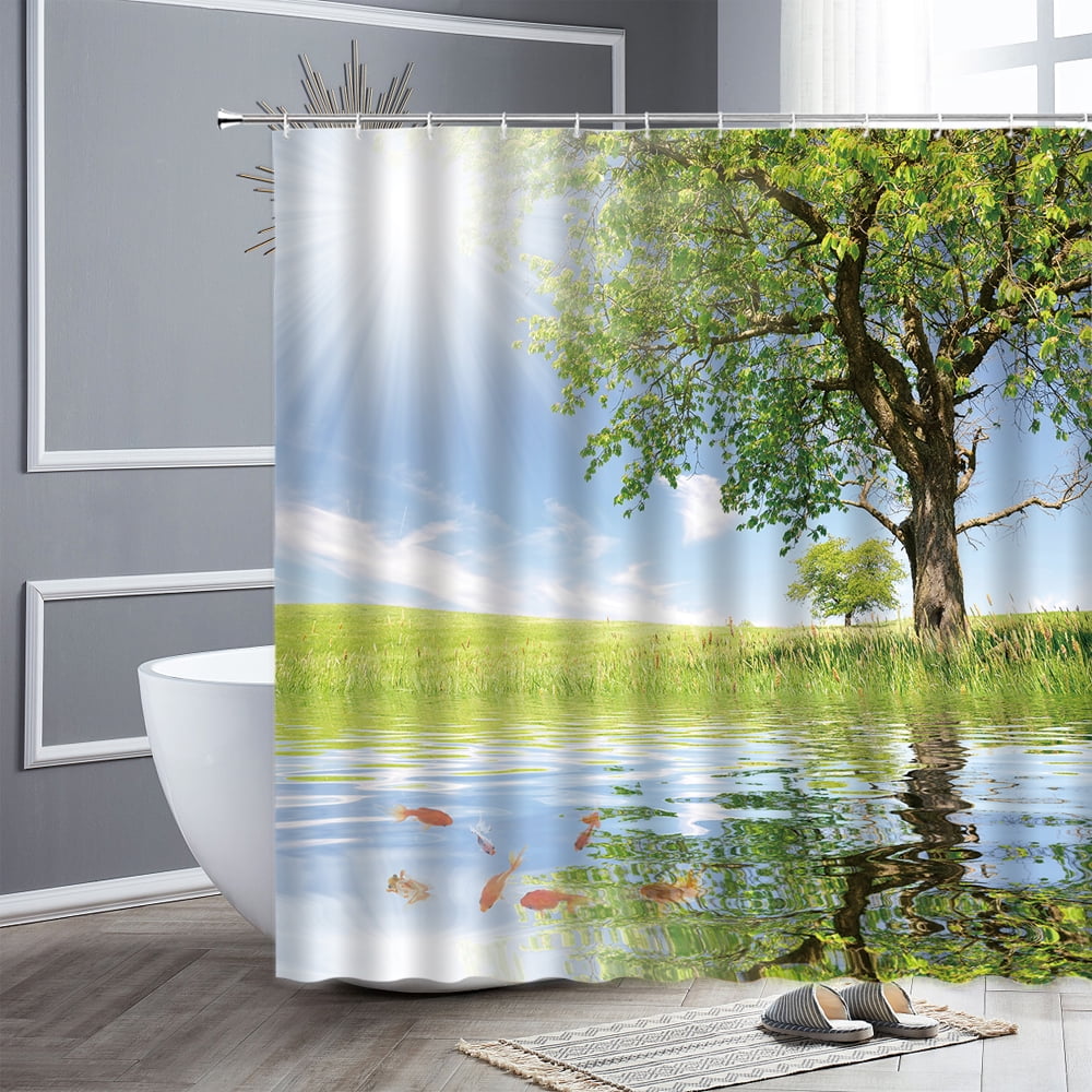 Decor Wall Home With Polyester Waterproof Curtains Bathroom Scenery ...