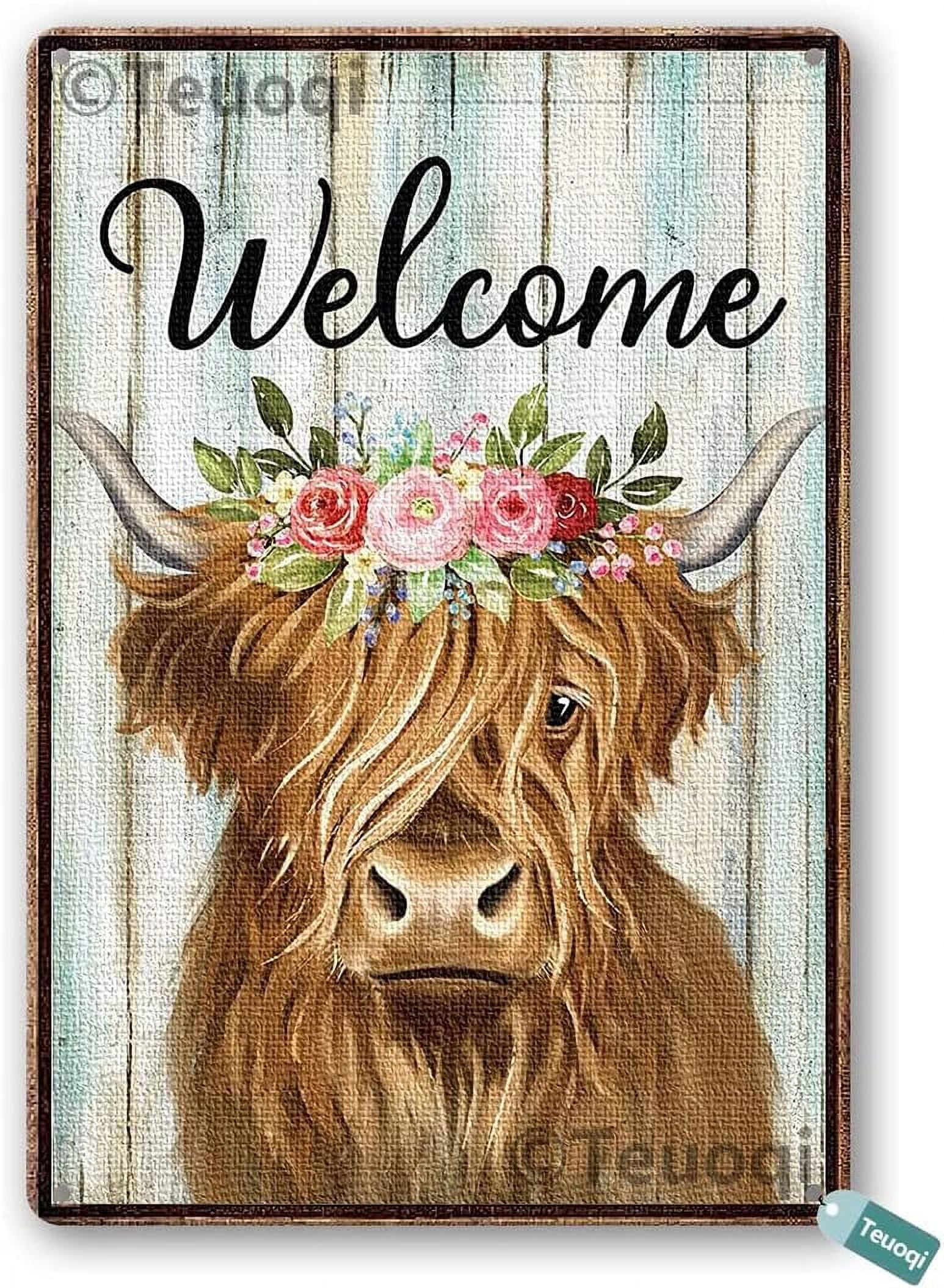 Decor Welcome Spring Rustic Farmhouse Scottish Highland Cow with Flower ...