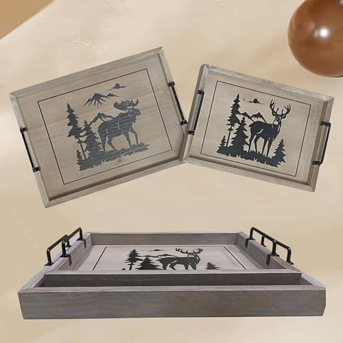 Decor Wooden Serving Tray with Metal Handles, Gray, Forest Elk Design ...