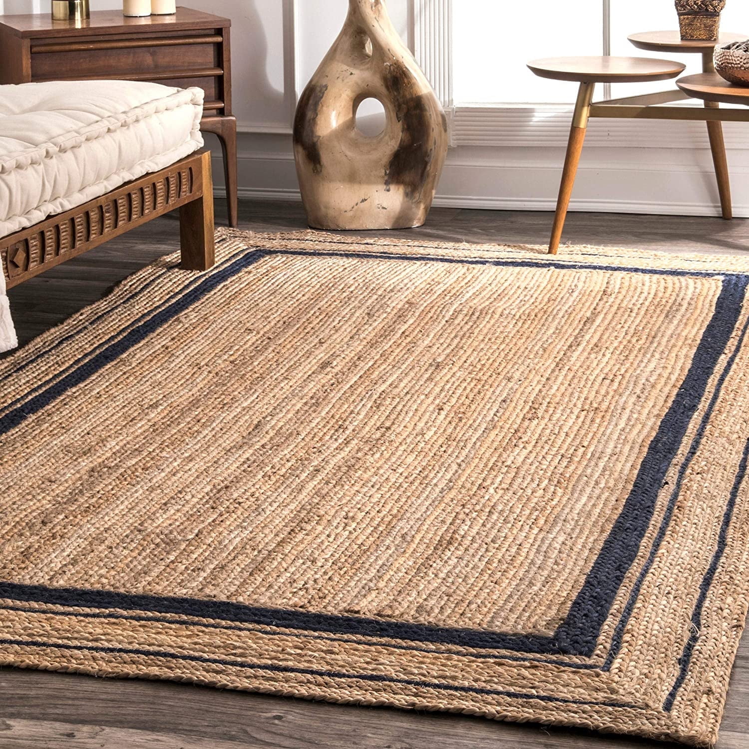 DecorAvenue Hand Woven Braided Farmhouse Jute Area Rug Beige Color Navy ...