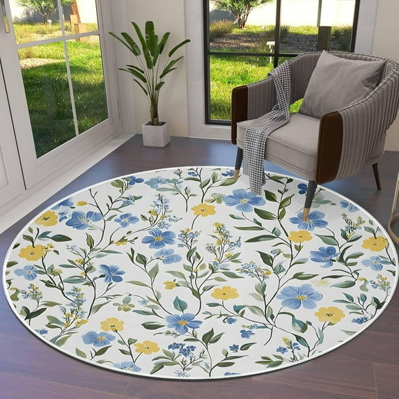 DecorLovee Blue Yellow Floral Spring Round Area Rugs 6ft - Soft Area ...