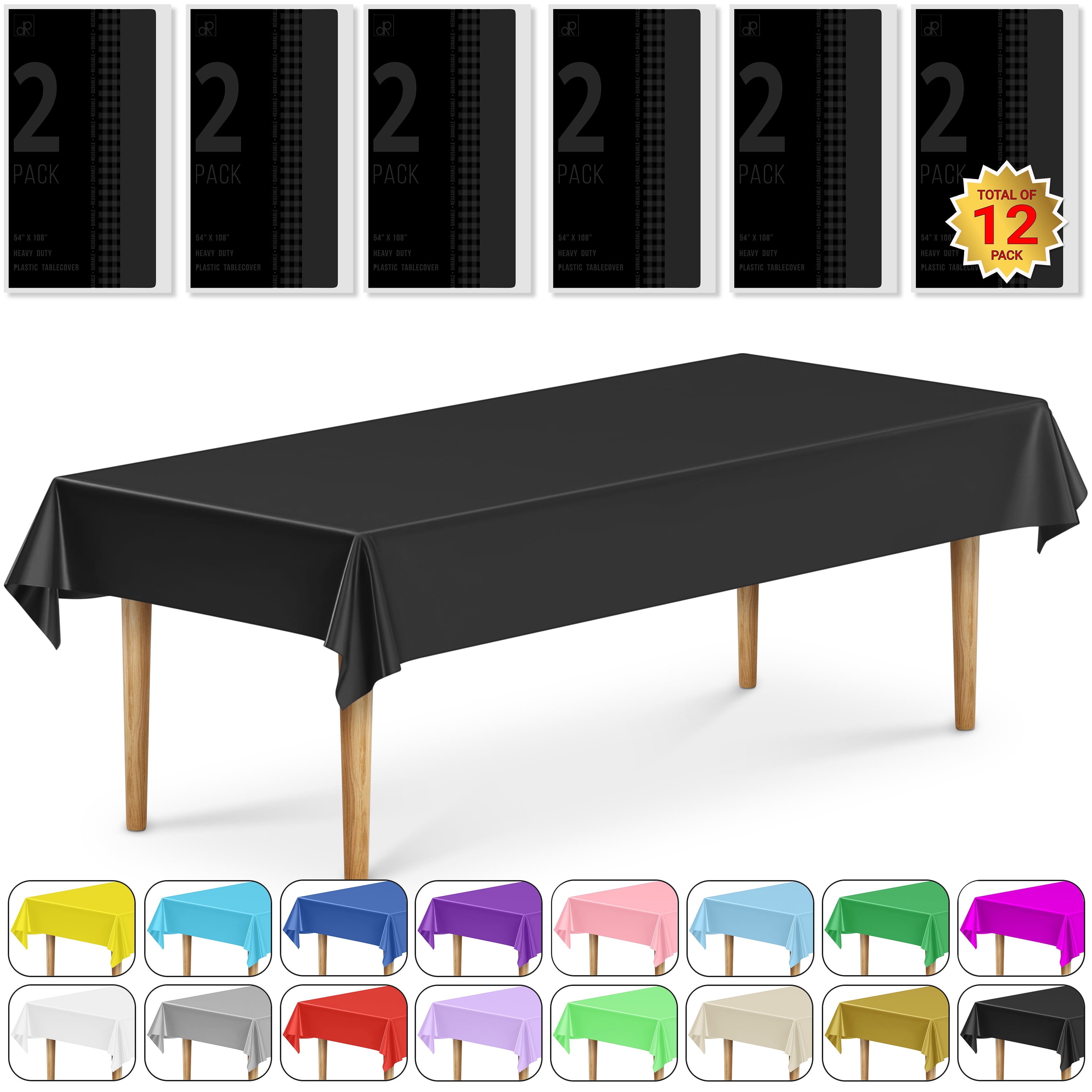 DecorRack 12 Plastic Tablecloths, 54 x 108 inch, Rectangular, Black ...