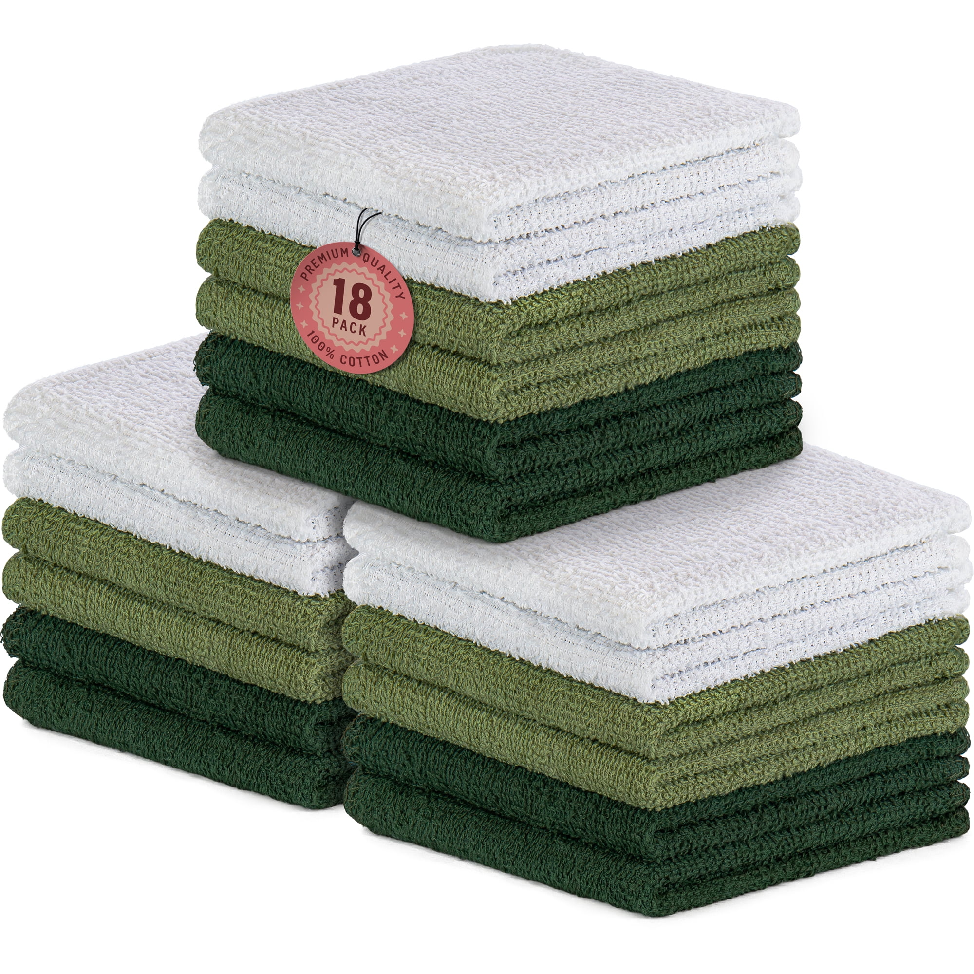 DecorRack Cotton Wash Cloths, 11" x 11" Absorbent Washcloths, Green (18 ...
