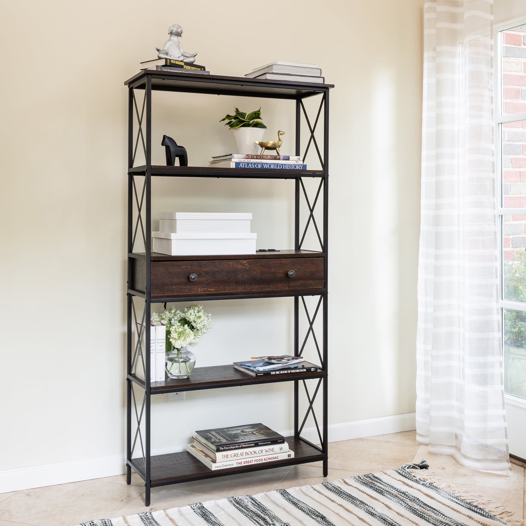 DecorTech 5 Shelf Bookcase with USB, AC Power Outlets and Drawer ...