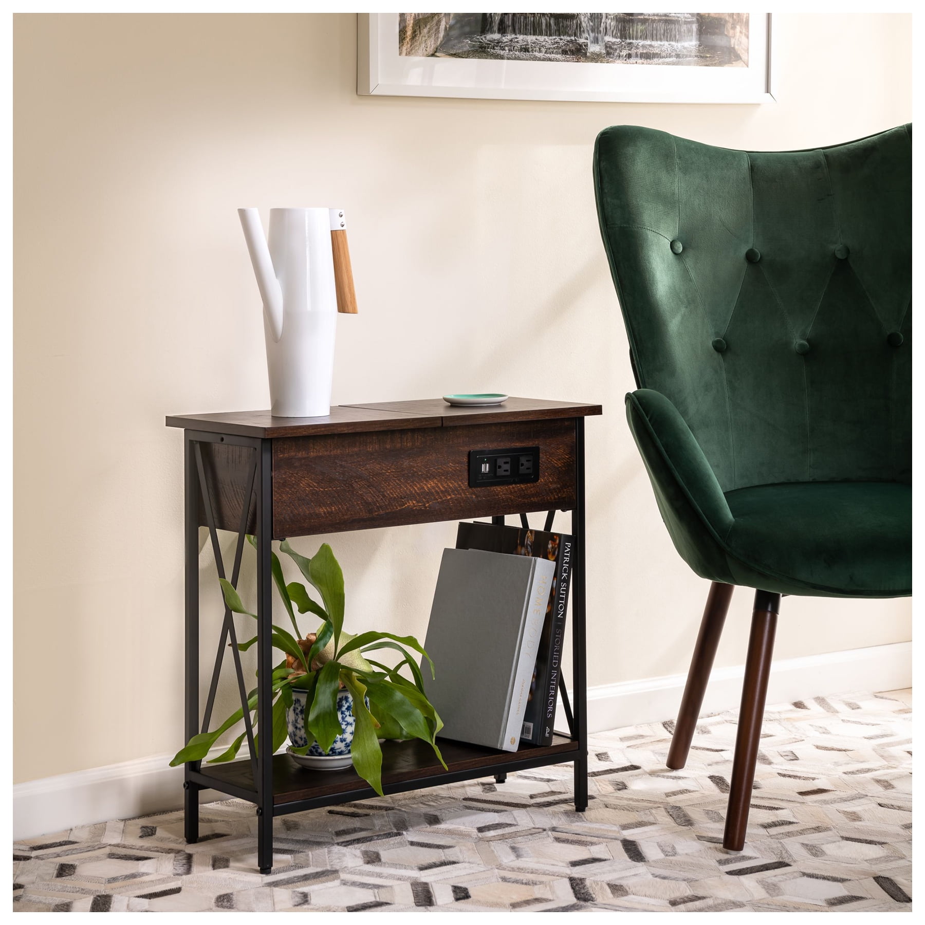 DecorTech Metal and Wood Flip Top End Table with AC Power and USB ...