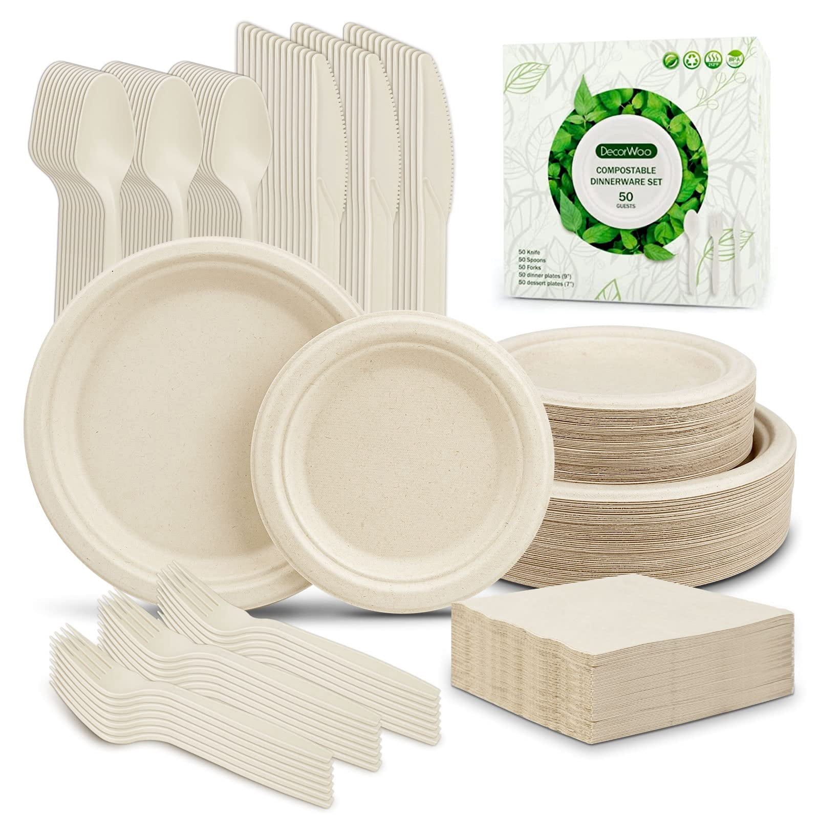 DecorWoo 300Pcs Compostable Paper RRF12 Plates Set, Eco-friendly Heavy ...