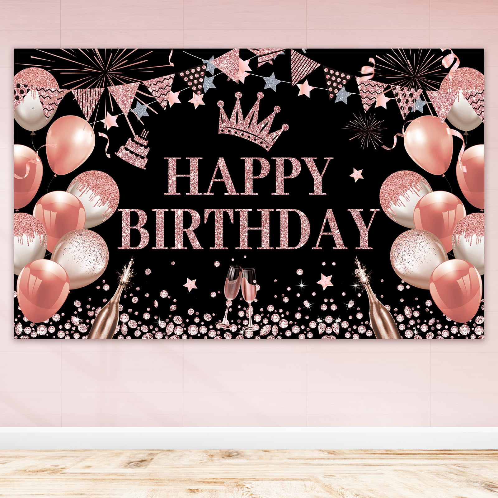 DecorWoo Happy Birthday Backdrop, Women Rose Gold Birthday Background ...