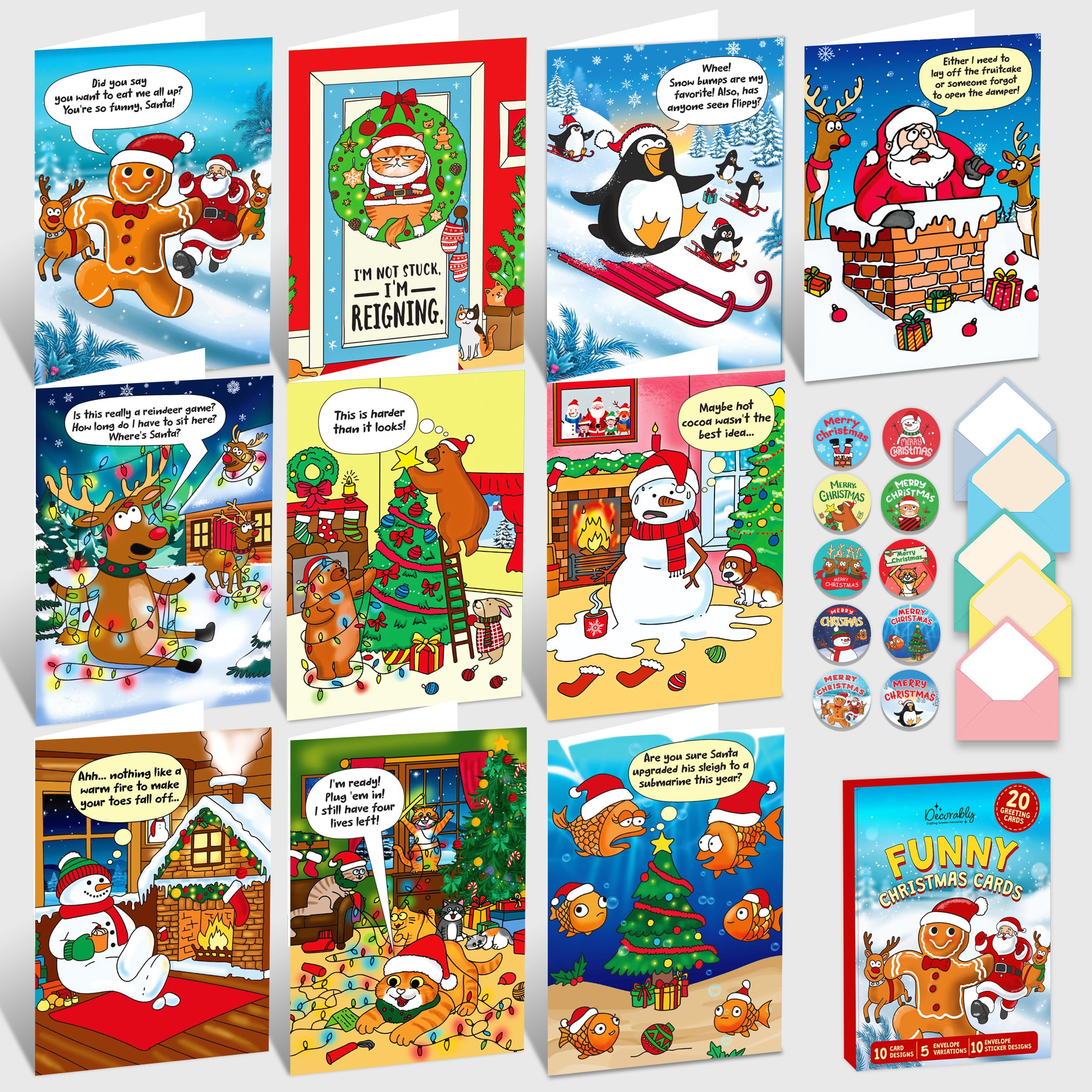 Decorably 20 Pack Funny Christmas Cards Set with Envelopes & Stickers ...