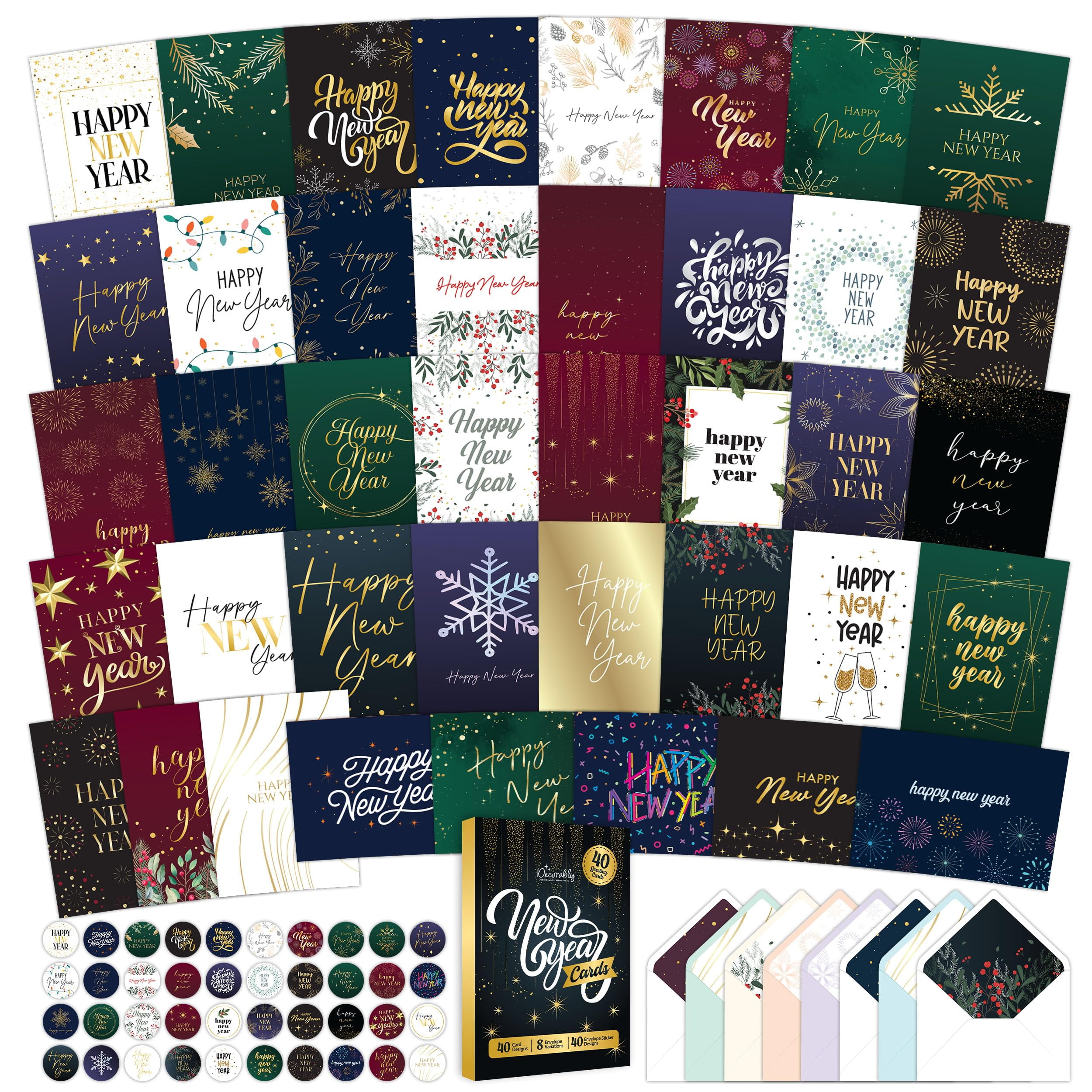 Decorably 40 Pack Foiled Happy New Year Cards with Envelopes & Stickers ...