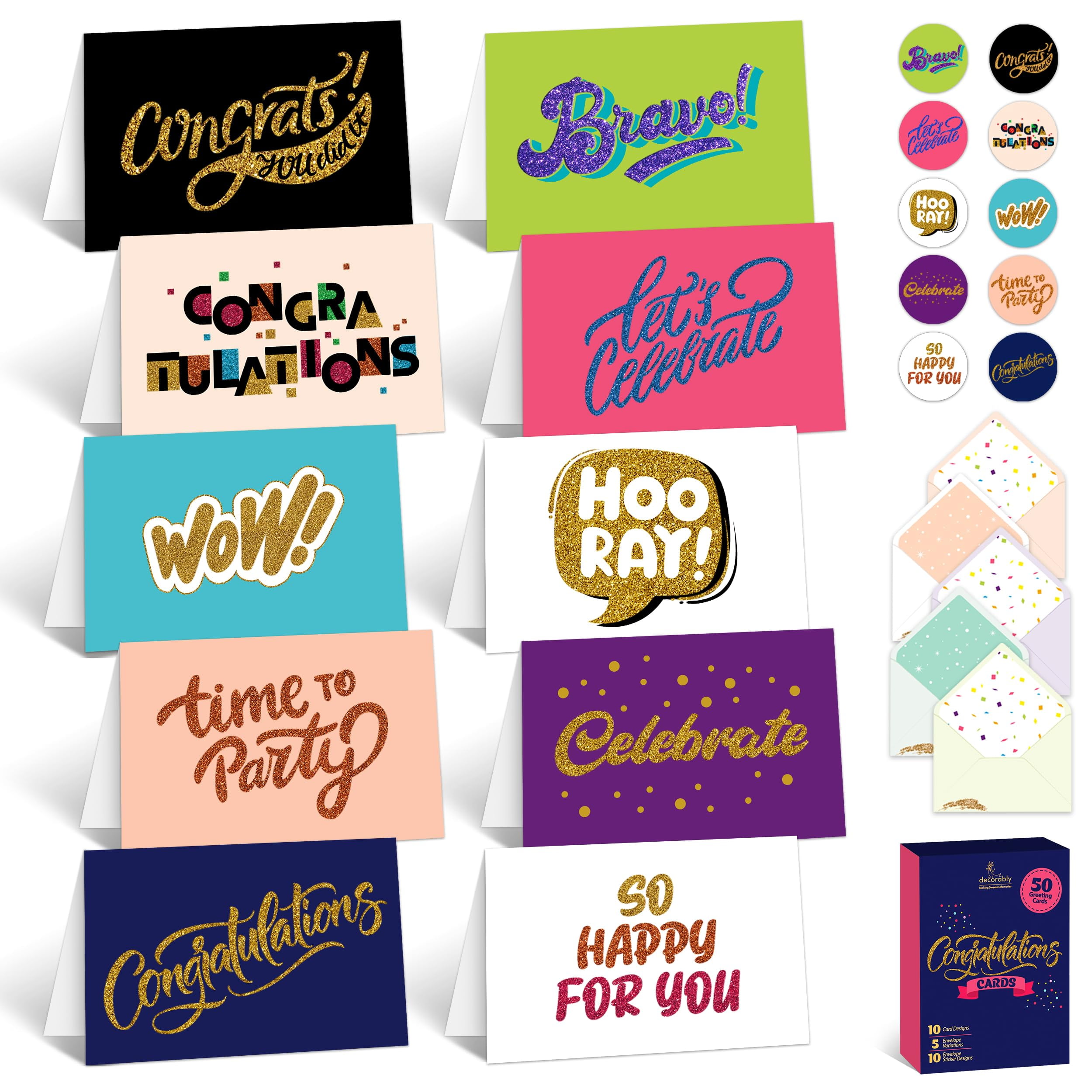 Decorably 50 Pack Glittery Congratulations Cards with Envelopes & 10 ...