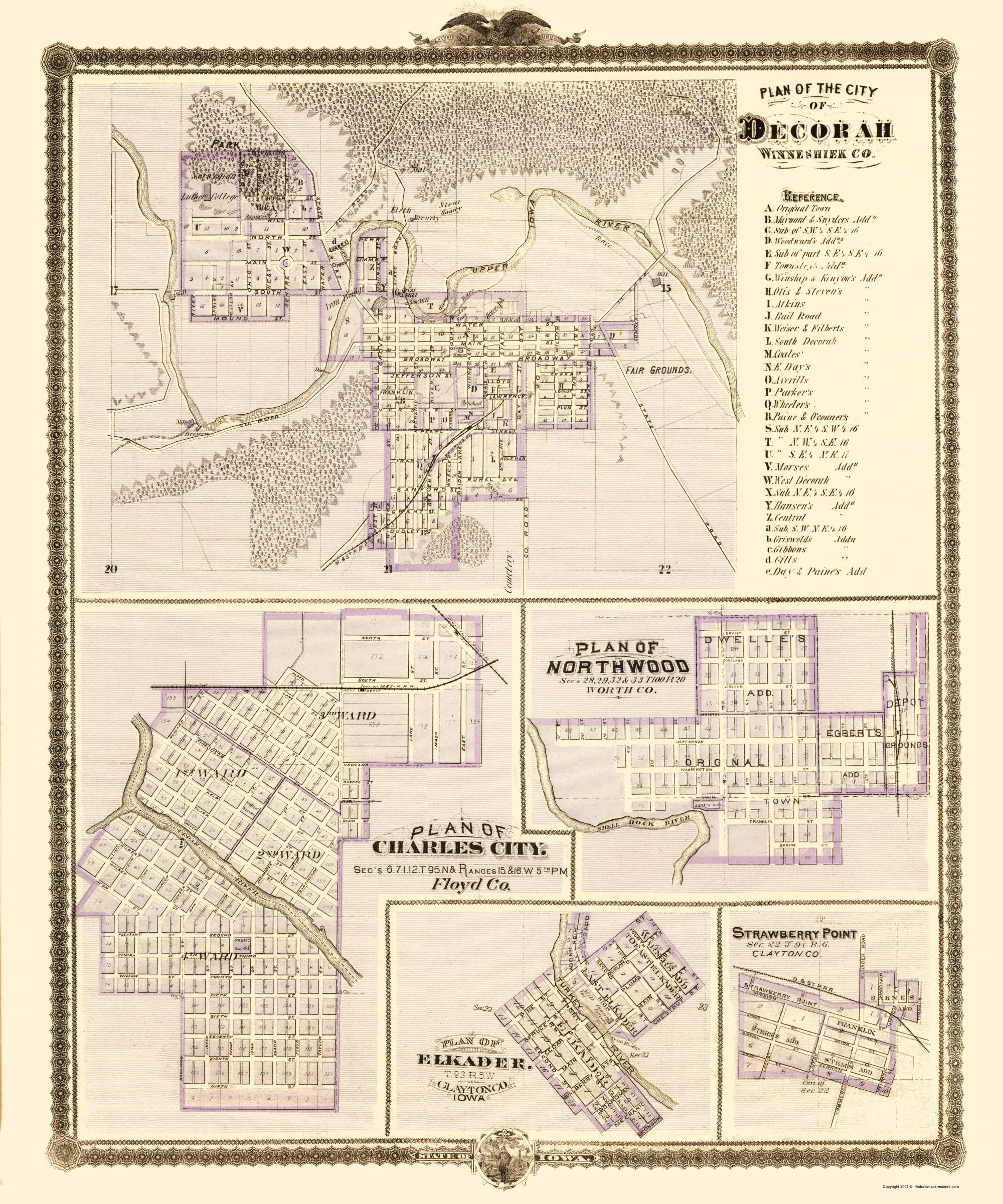 Historic City Map - Decorah Northwood Charles City Iowa - Andreas 1874 ...