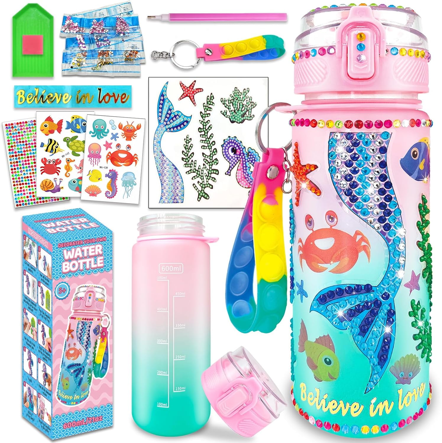 Decorate Your Own Water Bottle Kits for Girls Age 4-6-8-10,Mermaid ...