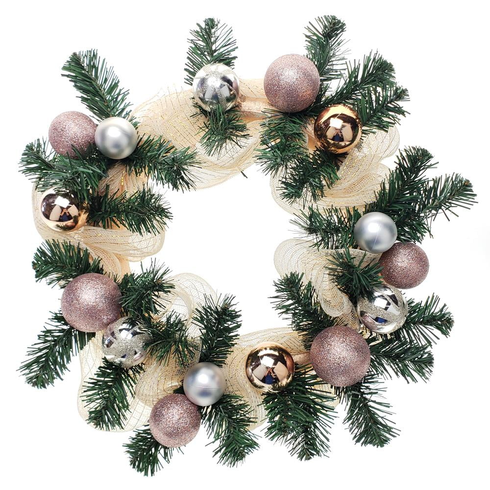 Decorated Mesh Ribbon & Rose Gold Spheres Christmas Wreath, Green/Gold ...