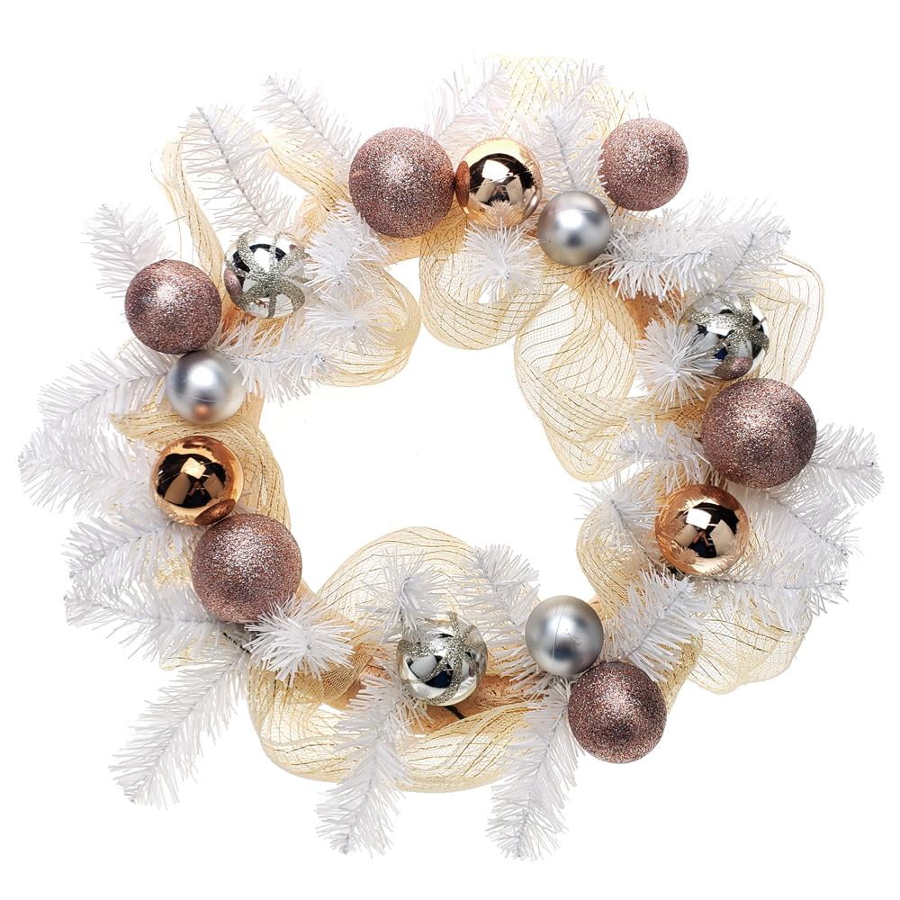 Decorated Mesh Ribbon & Rose Gold Spheres Christmas Wreath, White/Gold ...