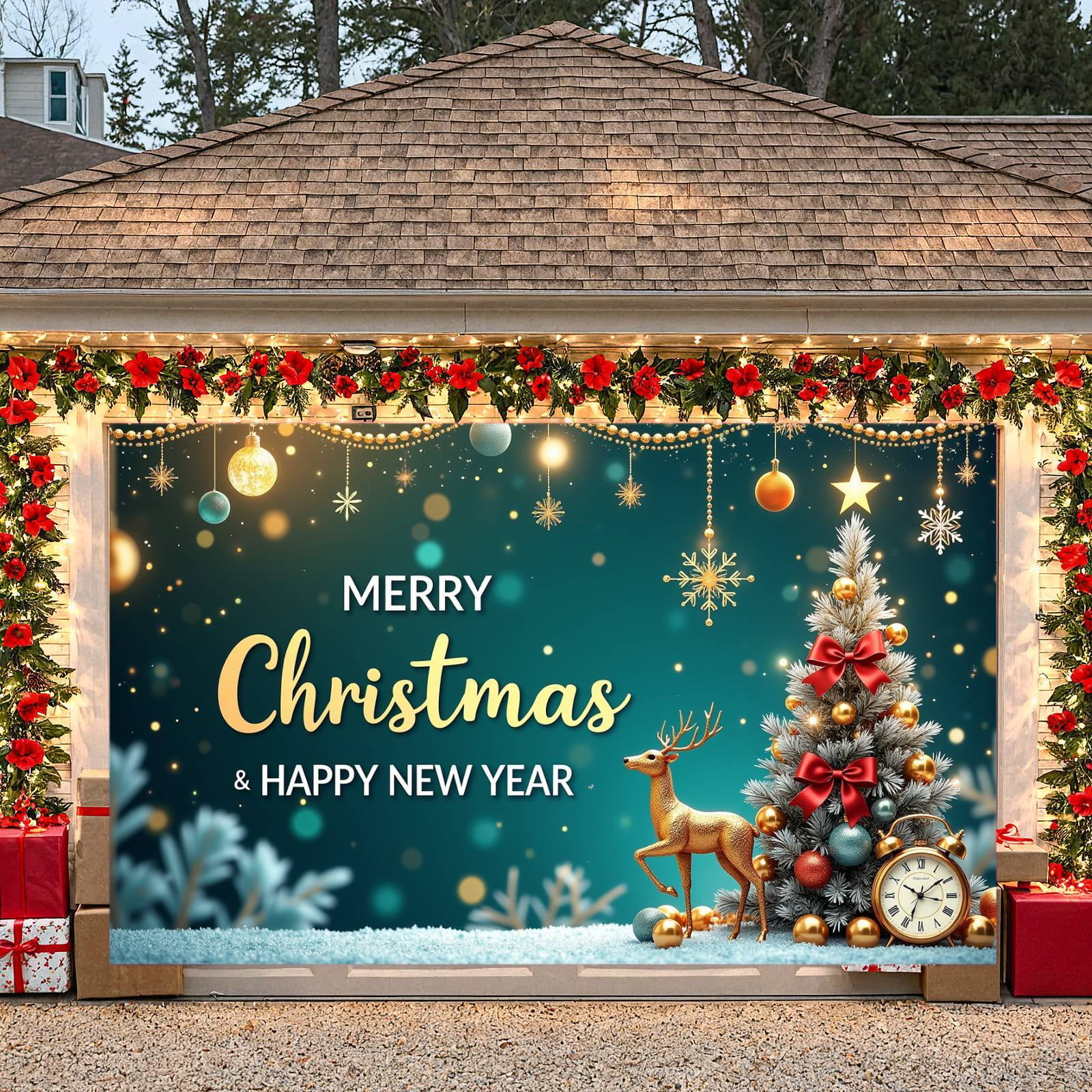 Decorated Tree Merry Christmas Reindeer Banner Snowflakes for Holiday ...