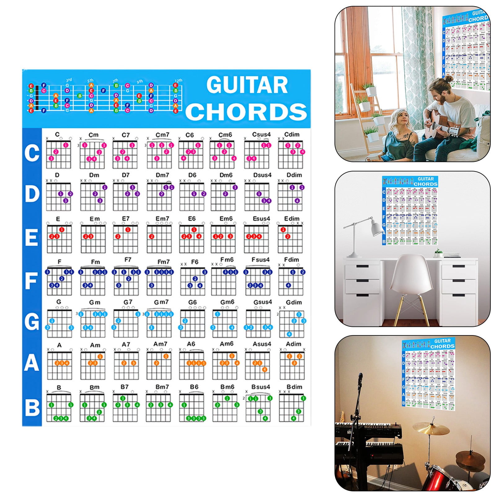 Decoration & Clearance Beginner Guitar Chord Poster Basic Chords Sheet ...
