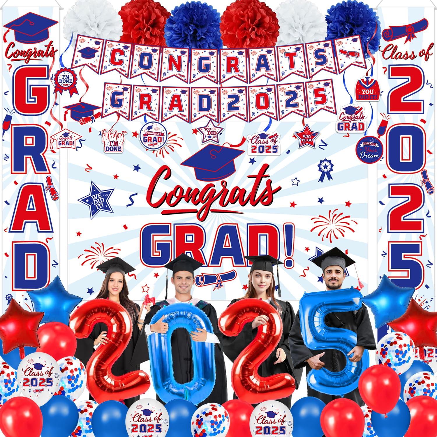 Decorations Class of 2025 - AD01 Red and Blue Party Supplies Congrats ...