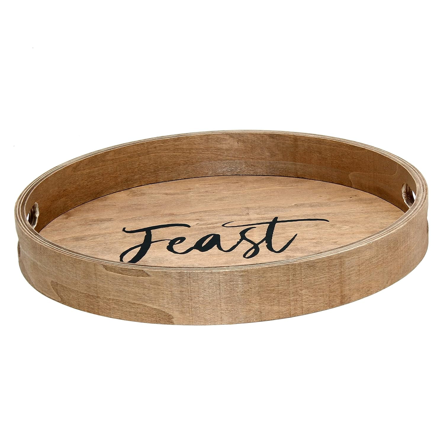 Decorative 13.75" Round Wood Serving Tray w/Handles, Natural Wood ...