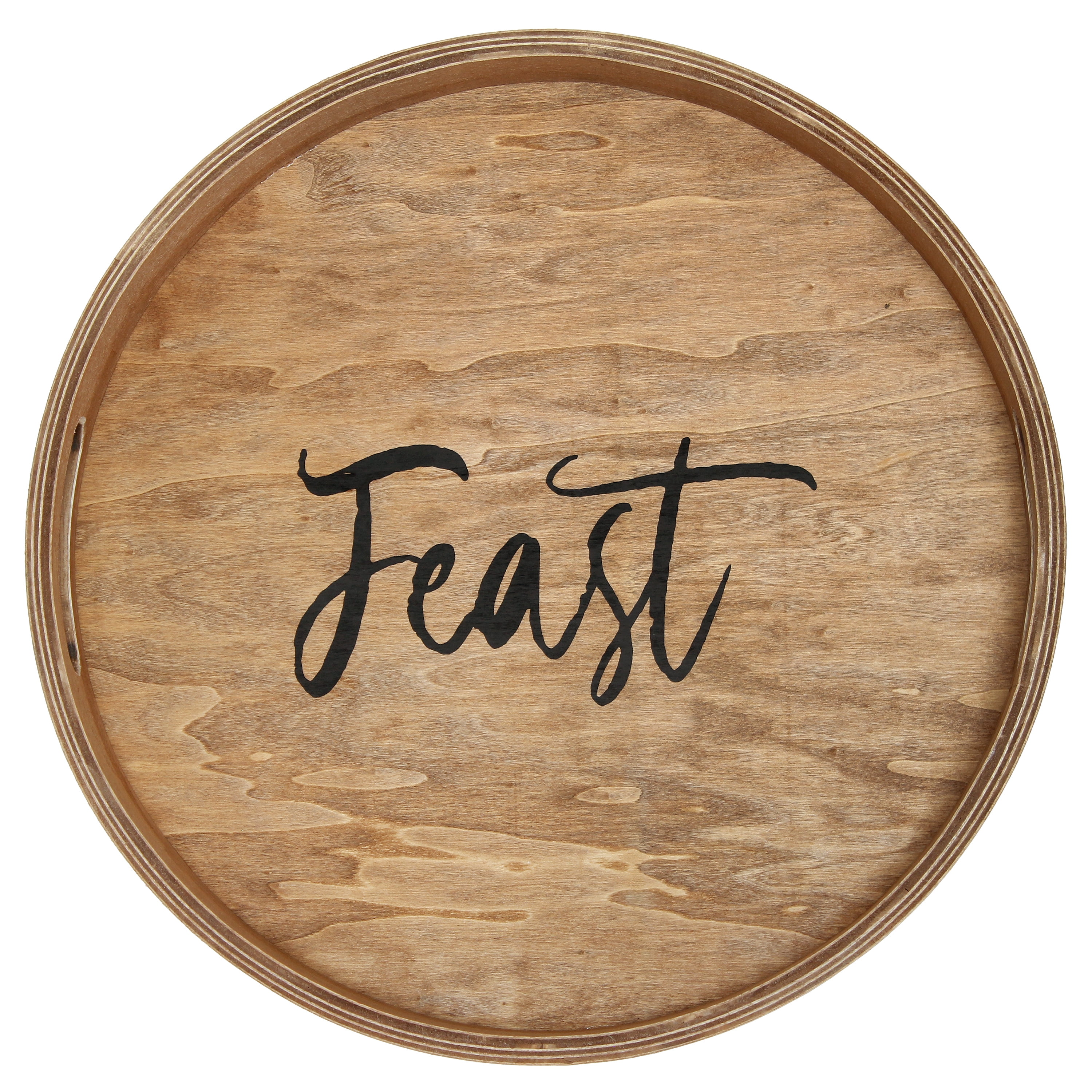 Decorative 13.75in Round Wood Serving Tray w Handles Feast - Walmart.com