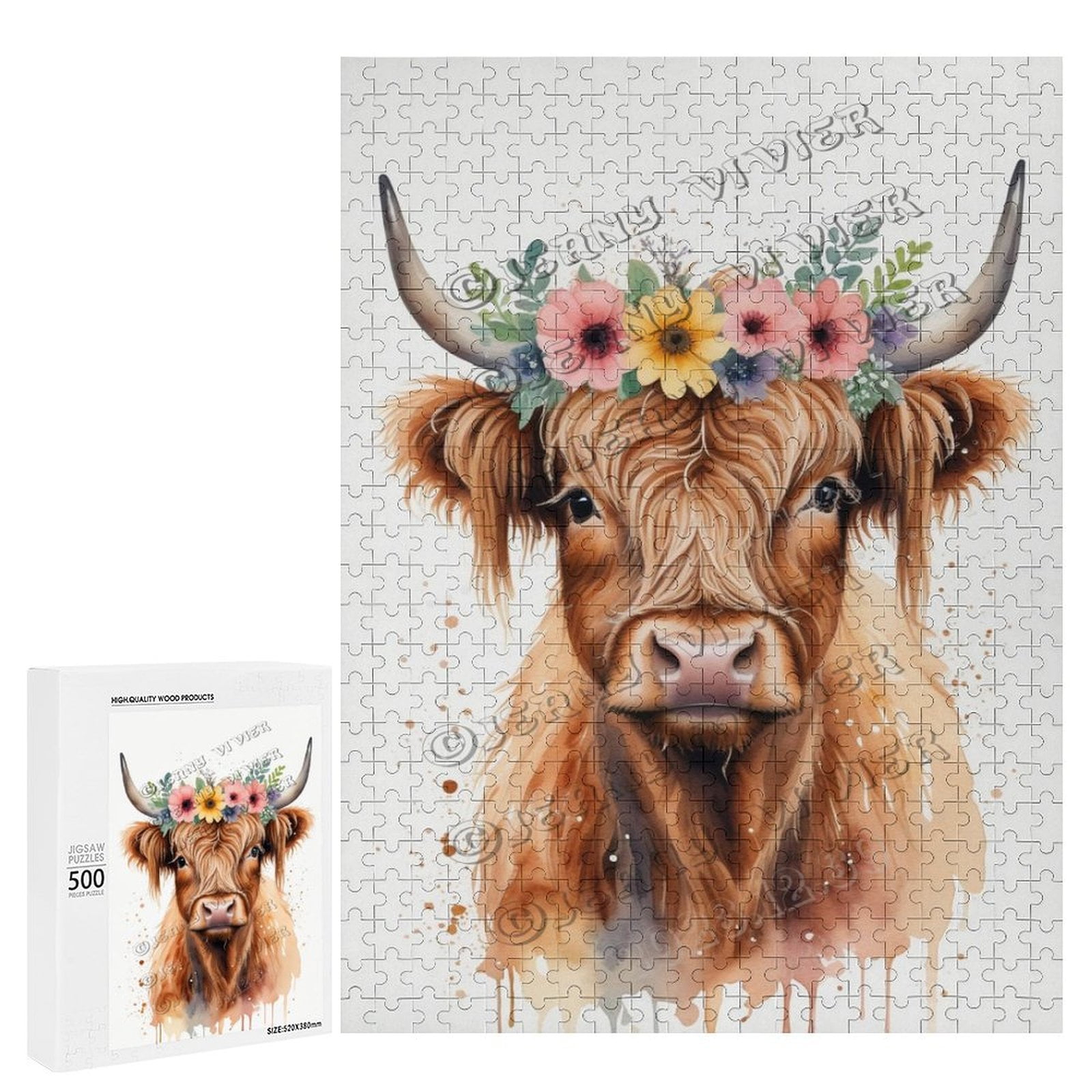 Decorative 500 Piece Wooden Puzzle – Cow with Flower Crown – Beautiful ...