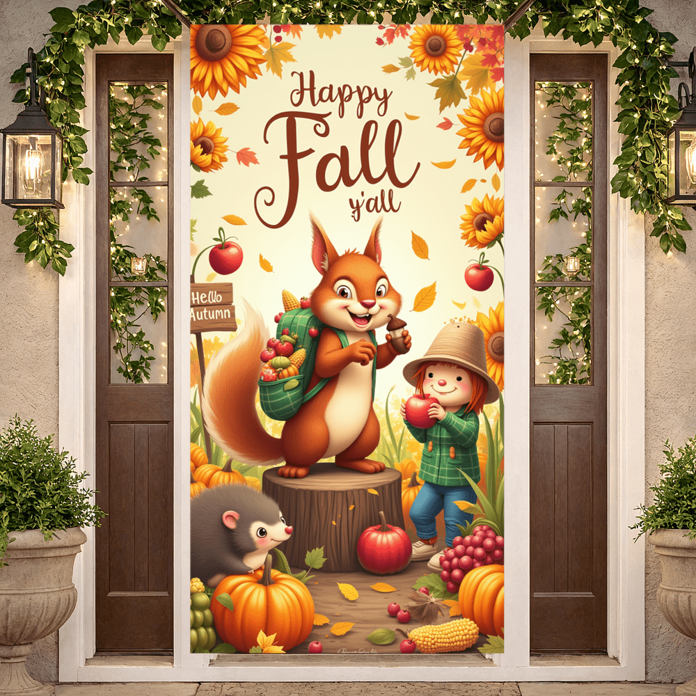 Decorative Banner Happy Fall Cartoon Squirrel Autumn Theme for Seasonal ...