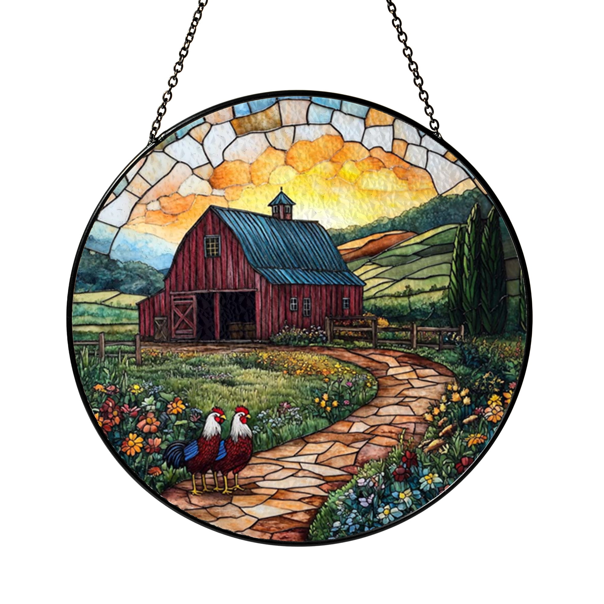 Decorative Barn and Roosters Stained Glass Suncatcher – Window Art1701 ...