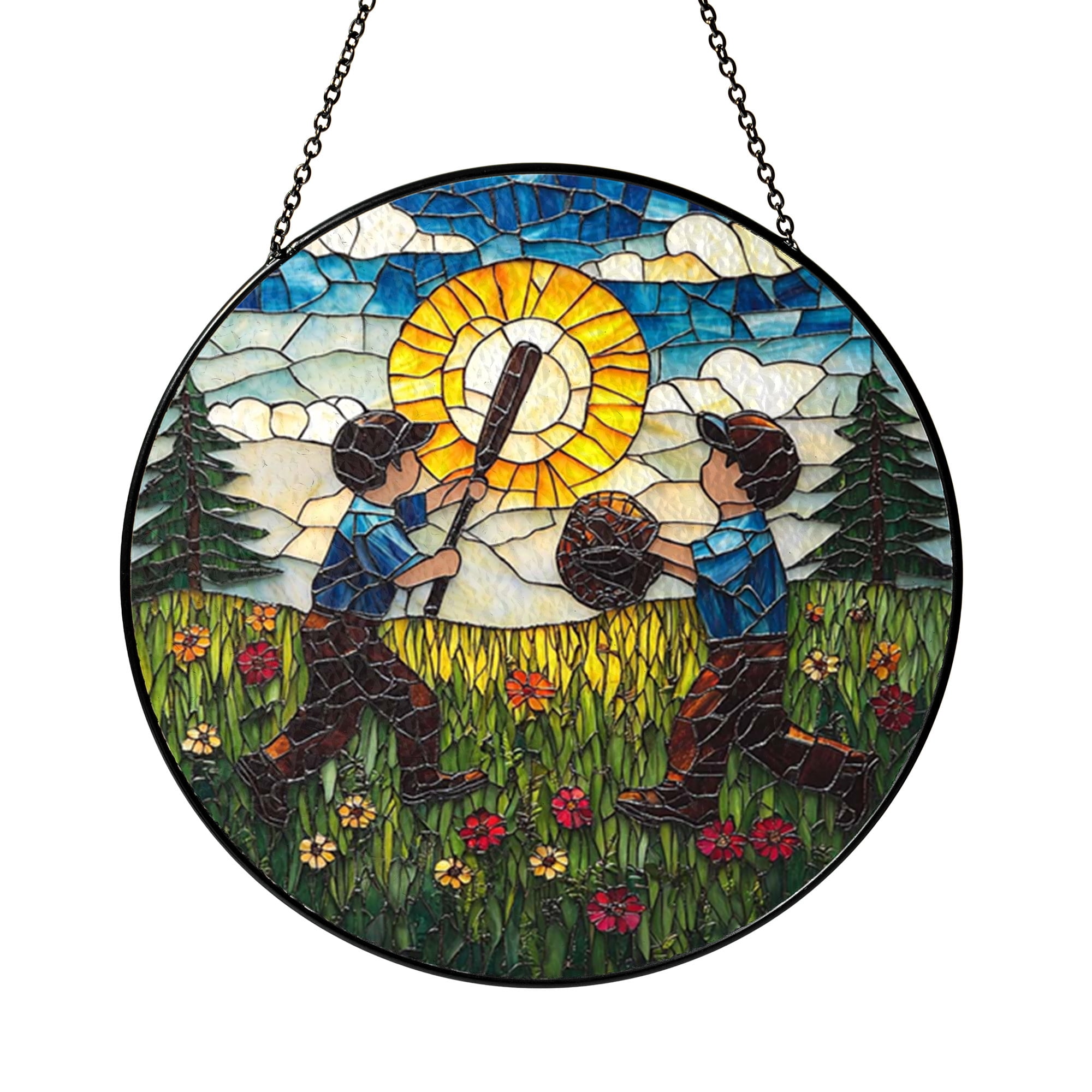 Decorative Baseball Kids Scene Stained Glass Style Suncatcher Window ...