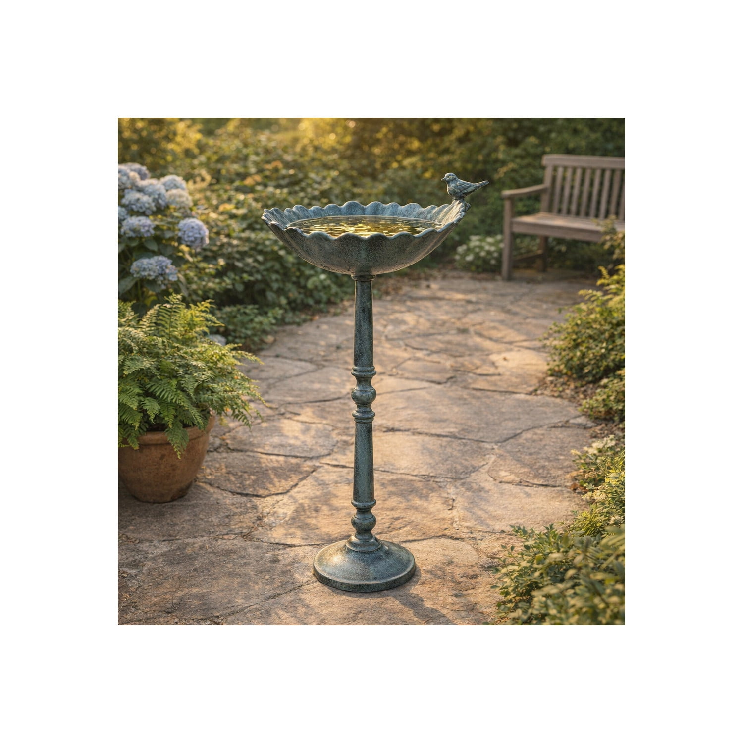 Decorative Bird on Flower Bird Bath for Garden Yard - Metal Outdoor ...