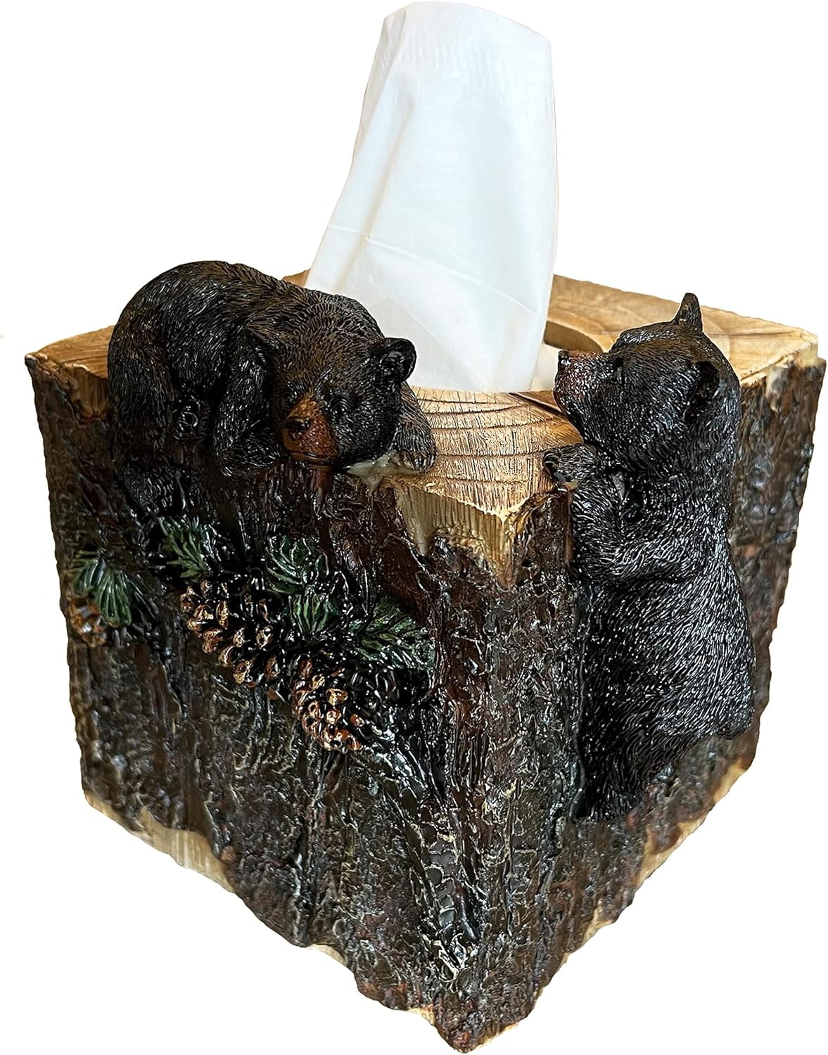 Decorative Black Bear and Cub Square Tissue Box Cover with Pinecone and ...
