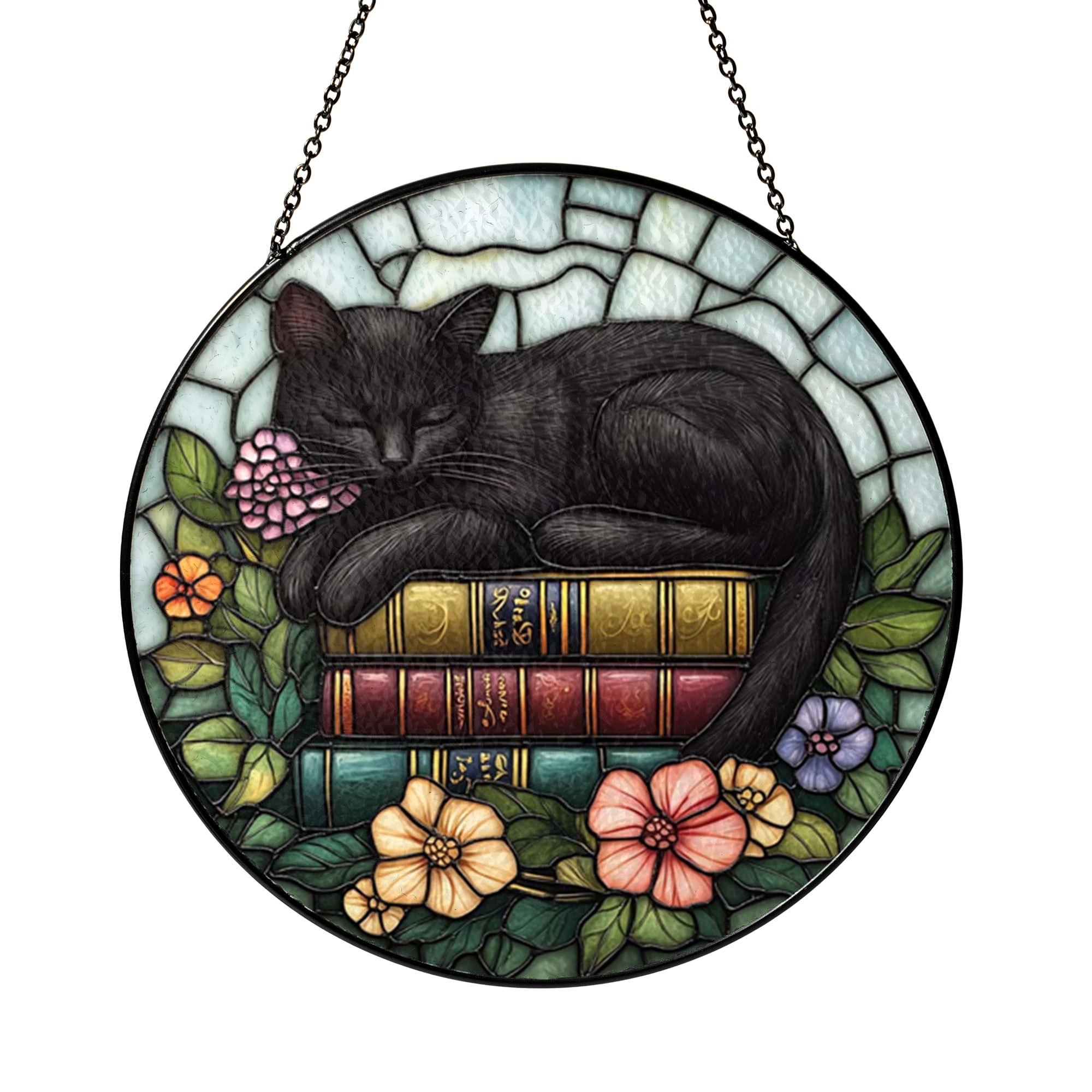 Decorative Black Cat With Books And Flowers Stained Glass Style Window ...