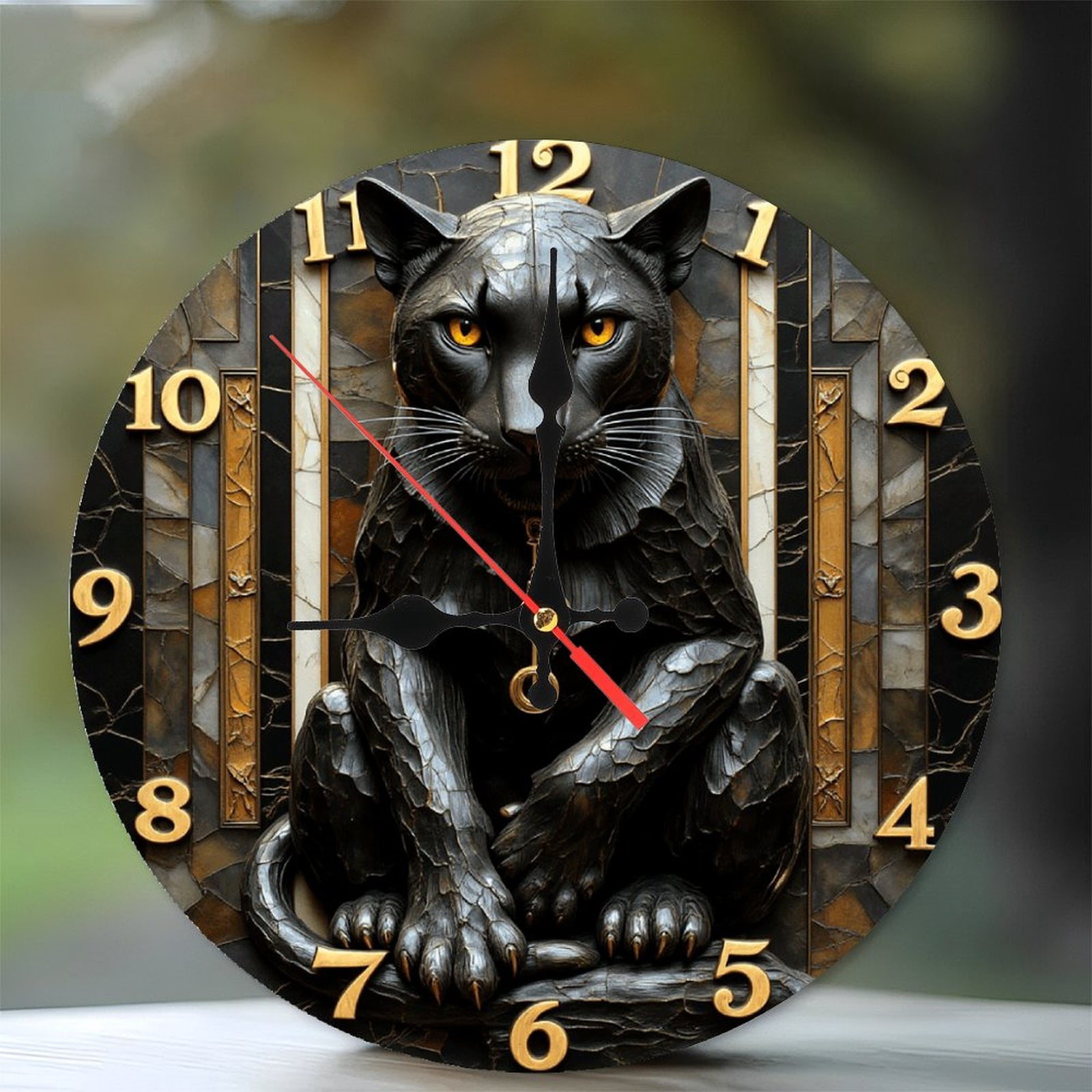 Decorative Black Panther Wall Clock with Golden Accents 10-Inch Silent ...