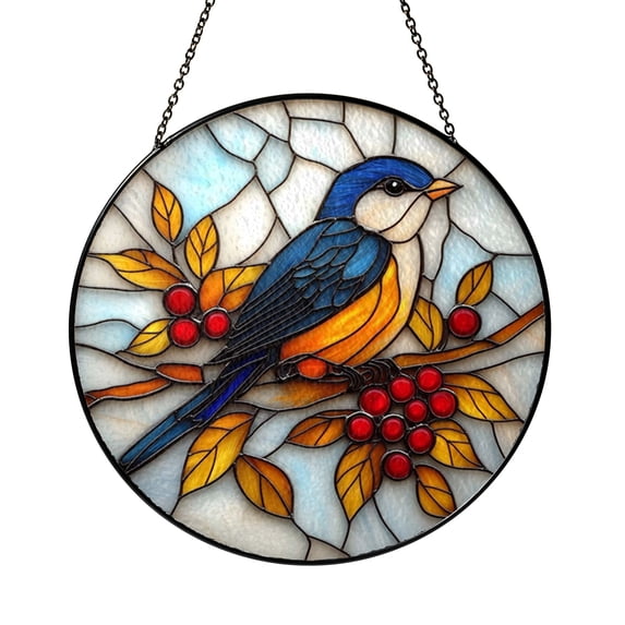 Decorative Blue Bird Berry Window Hanging Stained Glass Style ...