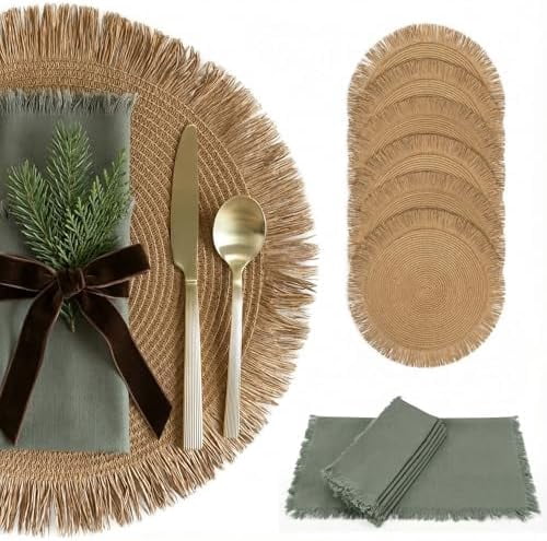 Decorative Boho Table Placemats Set of 6 with Matching Linen-Textured ...