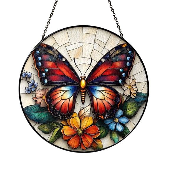 Decorative Butterfly with Flowers Stained Glass Style Suncatcher Window ...