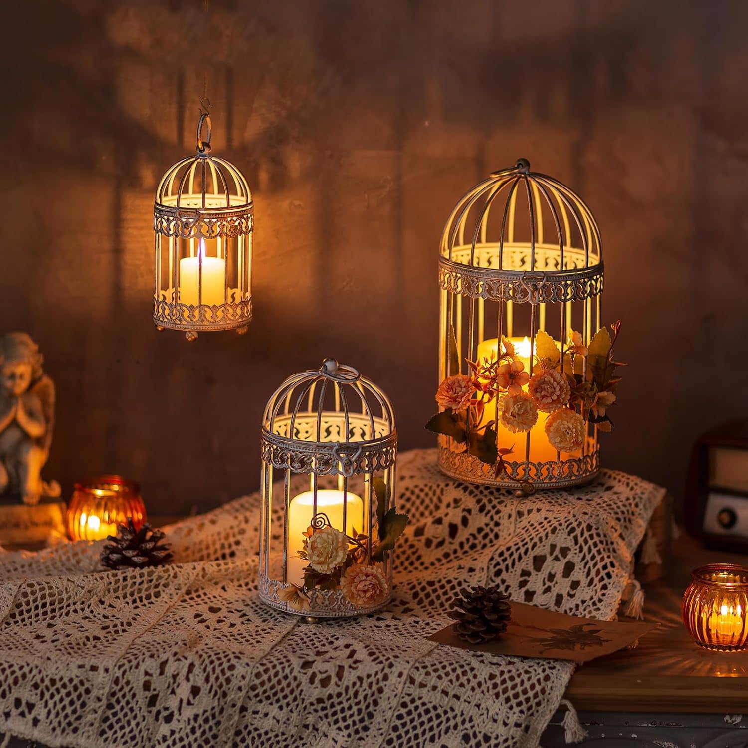 Decorative Candle Lanterns White: 3 Pcs Distressed White Metal Bird ...