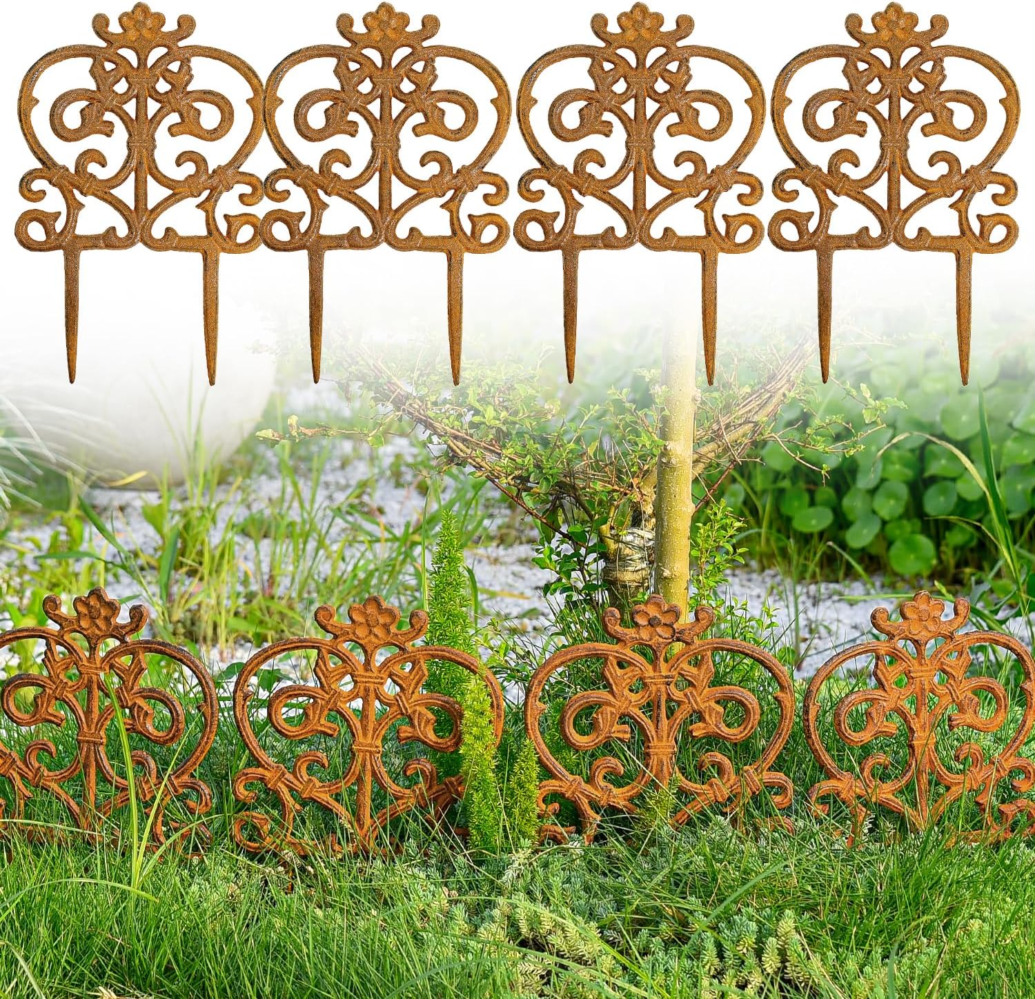 Decorative Cast Iron Garden Edging, 4 Pack Full Rusted Garden Edging ...